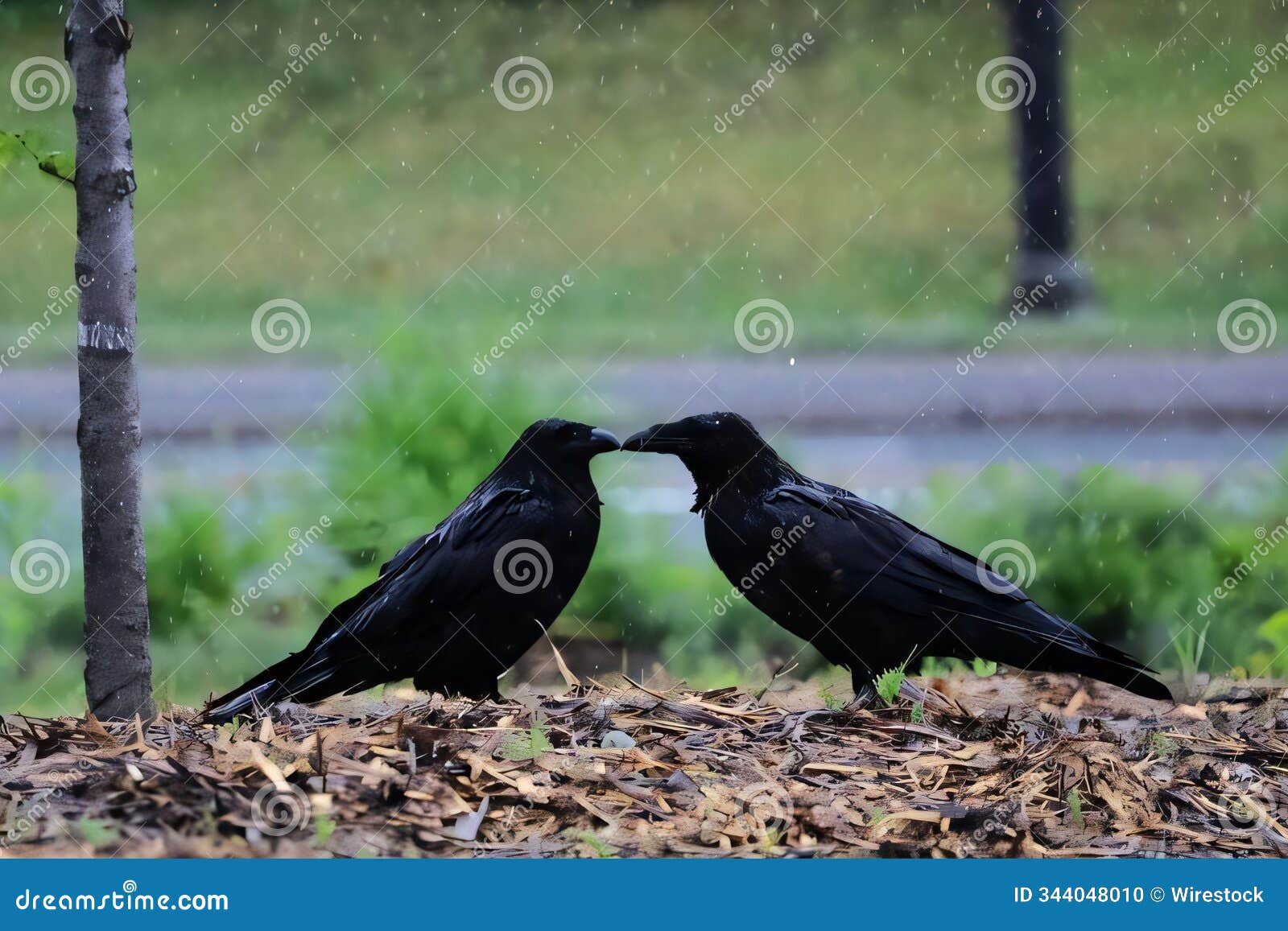 Two Ravens Face Each Other on a Rainy Day Stock Photo - Image of gaze ...