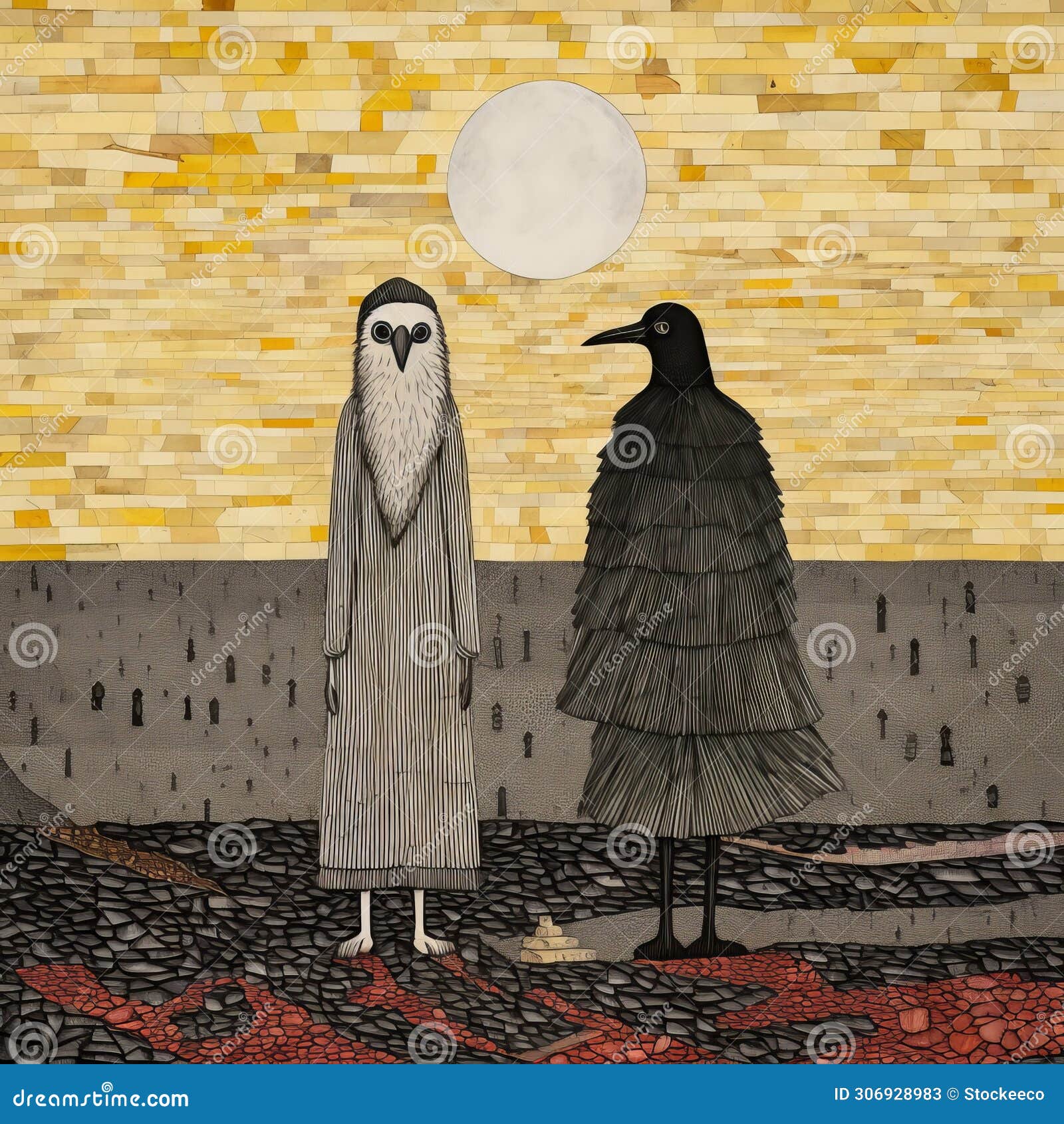 Mosaic-inspired Realism: Two Wooden Crows with a White Moon Stock ...