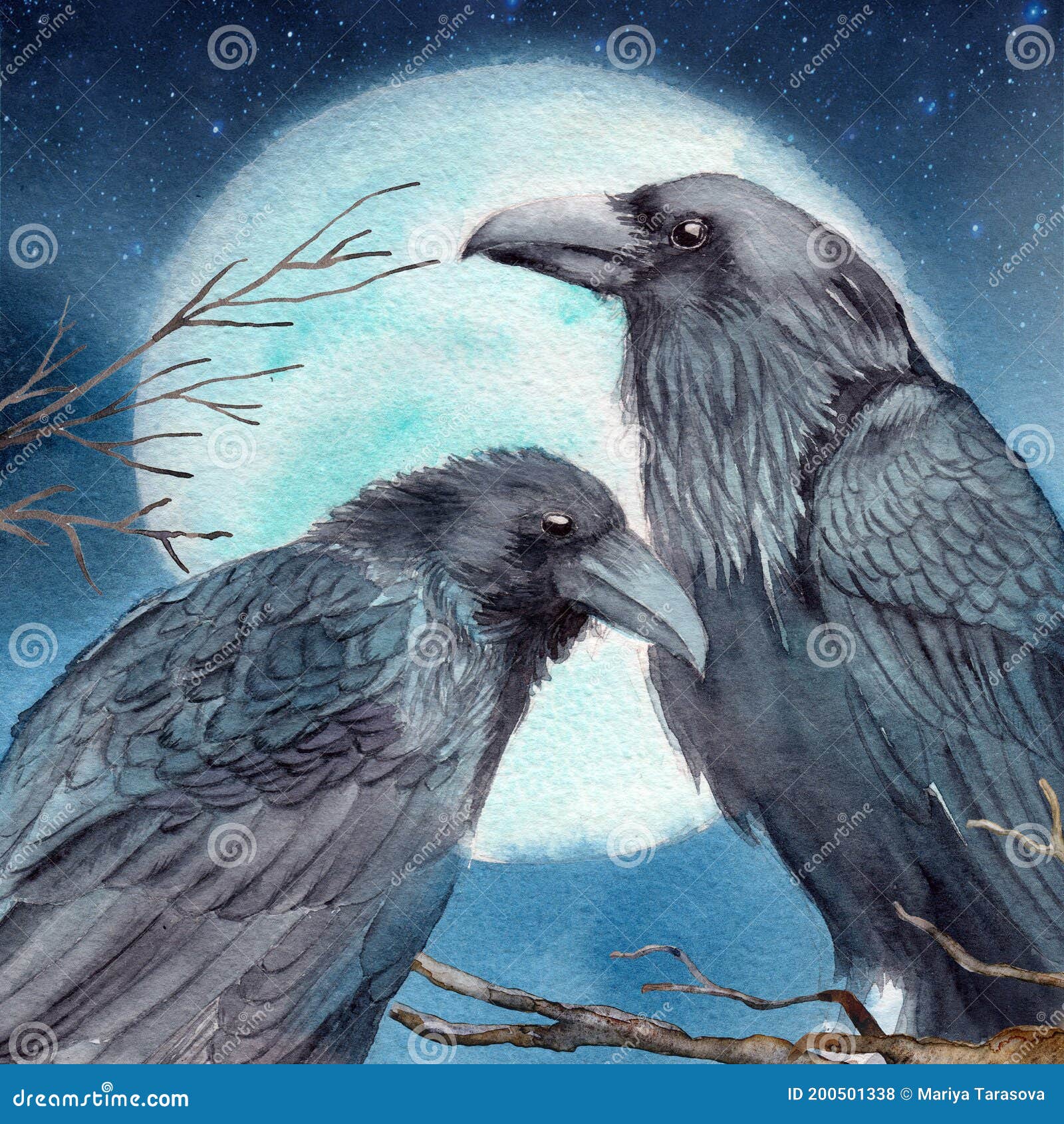 Ravens Under A Moon Sitting On A Branch Royalty-Free Illustration ...