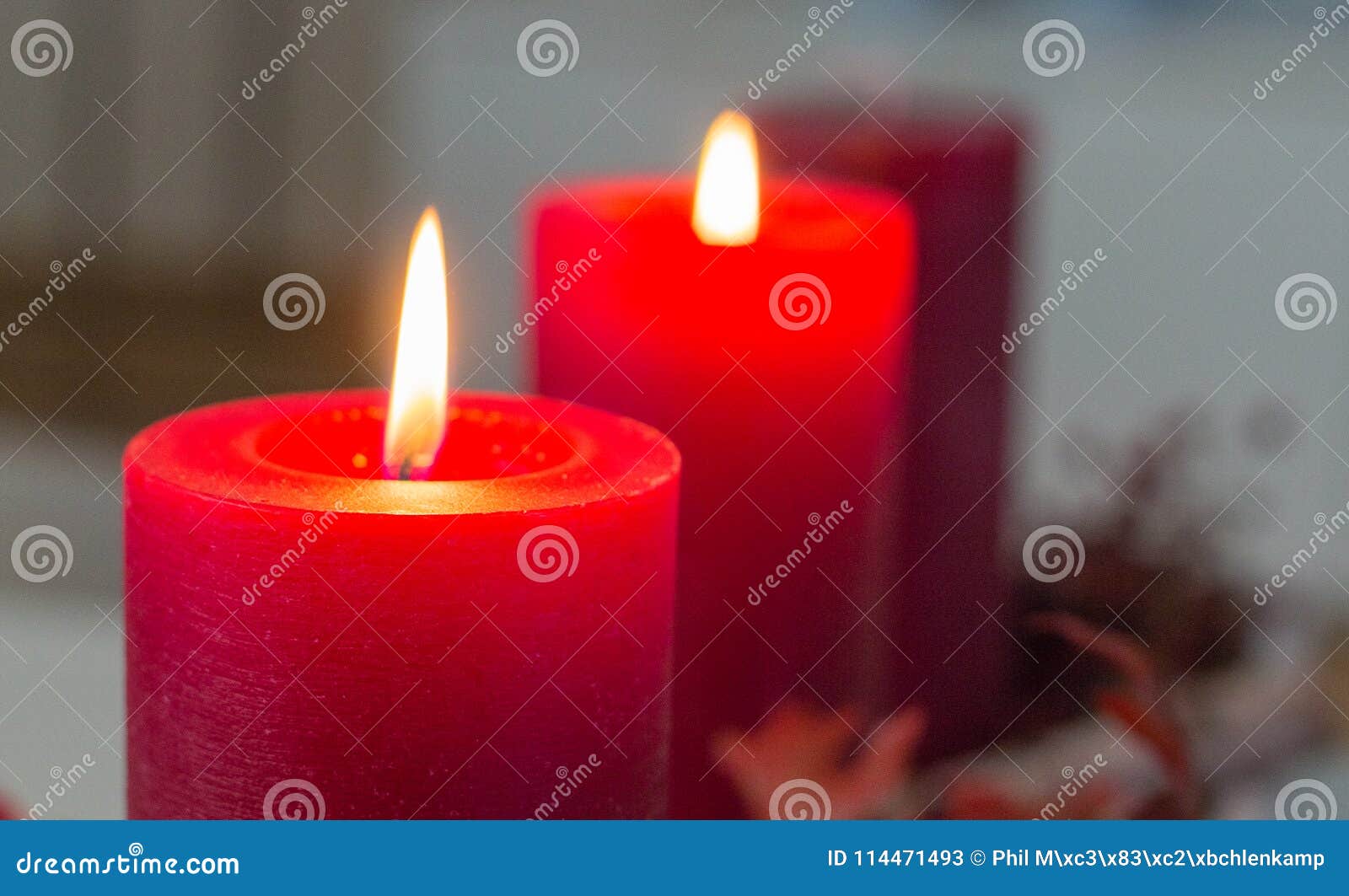Two Red Advent Candles Are Buring Brightly On A Modern Advent Wreath Stock Image Image Of