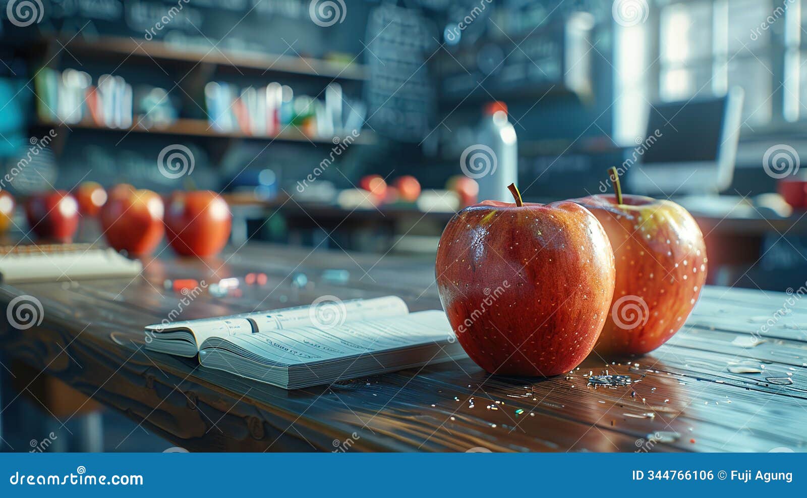 Two Red Apples on a Desk in a Classroom with a Notebook and a ...