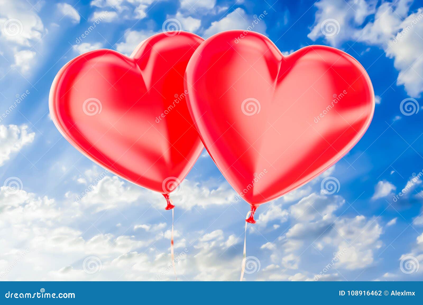 Two Red Balloons In The Shape Of Hearts Flying On A Blue Sky, 3D ...