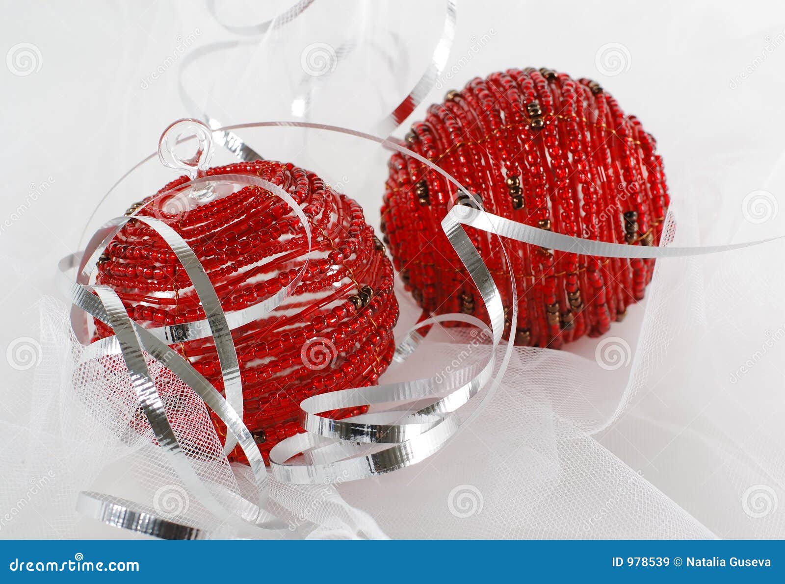 Two Red Beaded Christmas Ornaments with Silver Ribbon Stock Image ...