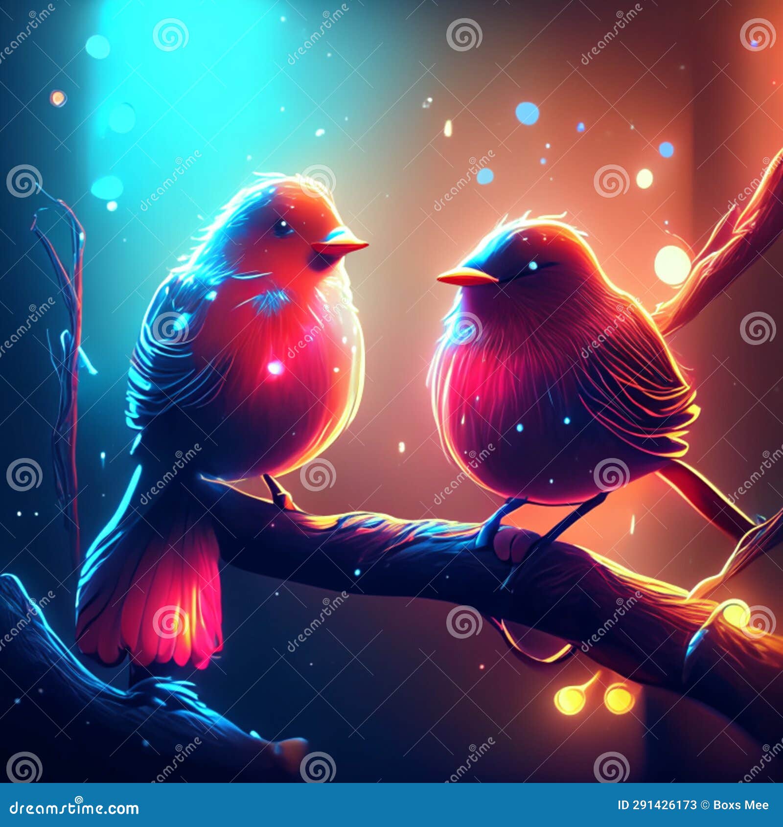 Two Red Birds on a Branch in the Forest. Vector Illustration Stock ...