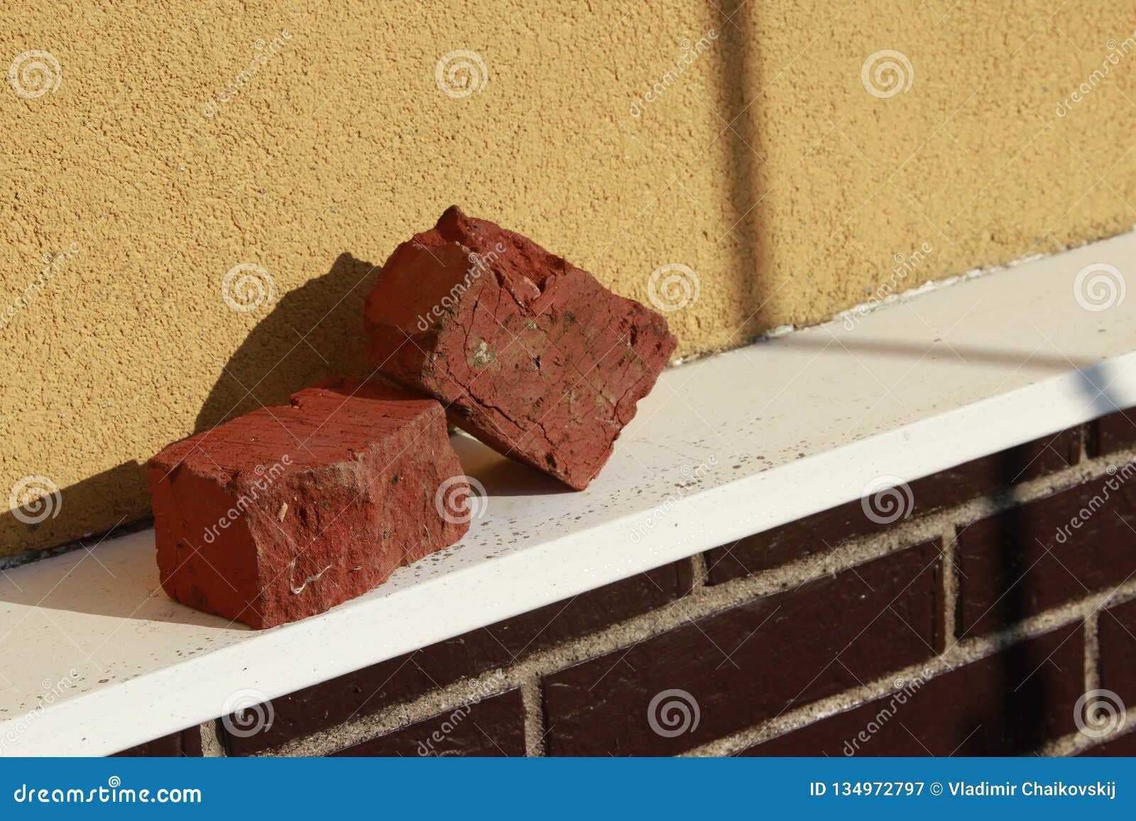 Two Red Bricks on Brick Wall`s Ledge Stock Image - Image of bricks ...