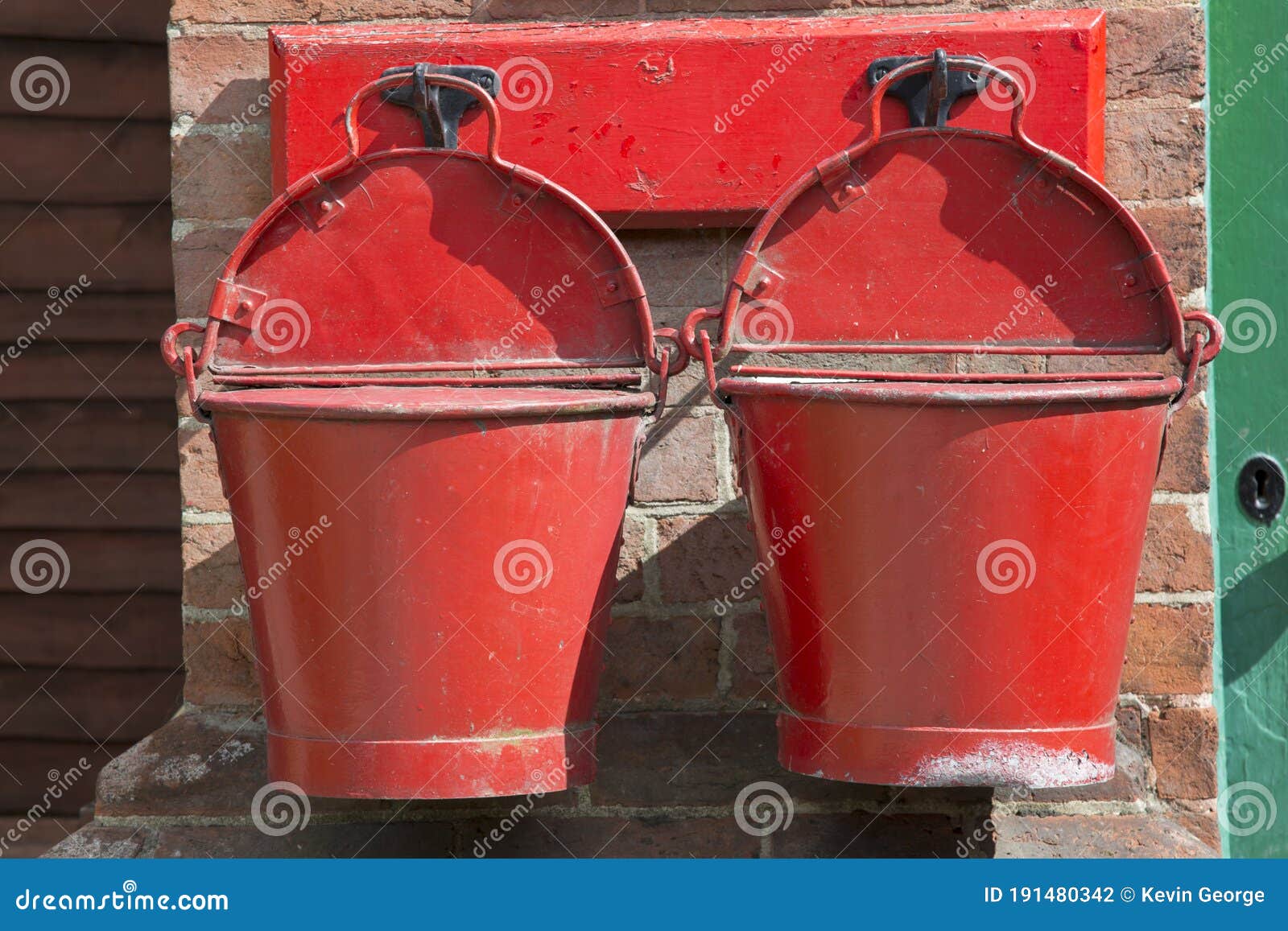Two Red Buckets stock photo. Image of wall, color2, emergency - 191480342
