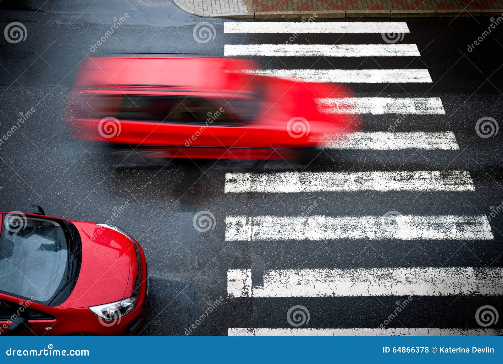 Two Red Cars on the Pedestrian Crossing Stock Photo - Image of ...