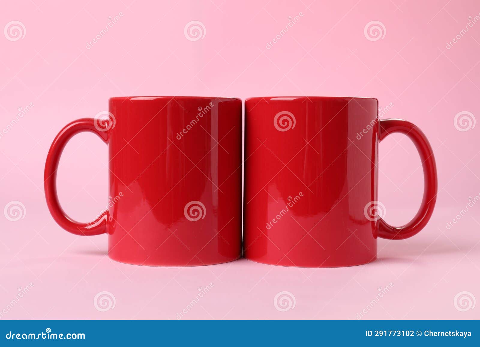 Two Red Ceramic Mugs on Pink Background Stock Photo - Image of handle ...