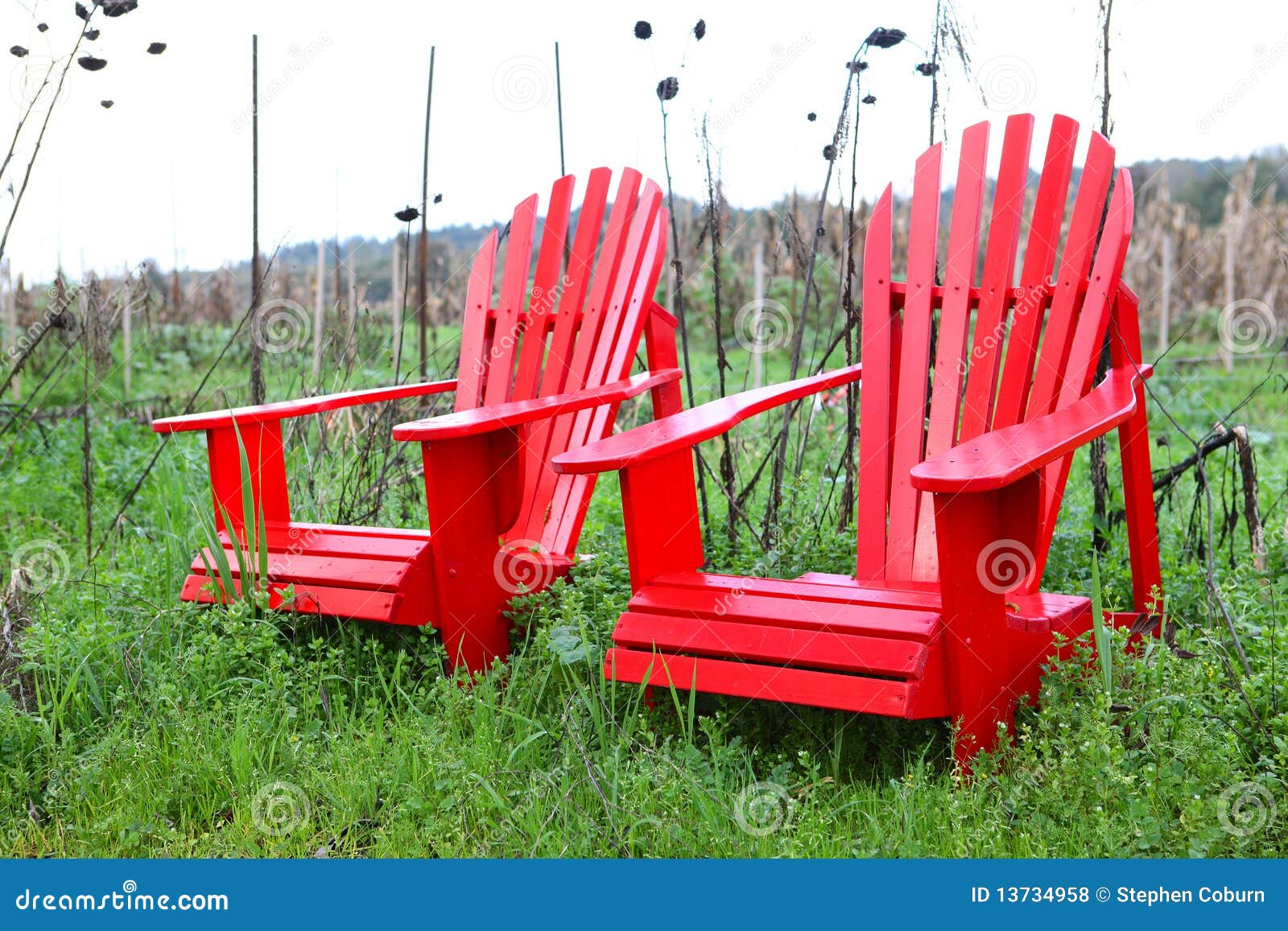 Two Red Chairs in Countryside Stock Photo - Image of quiet, seasonal ...
