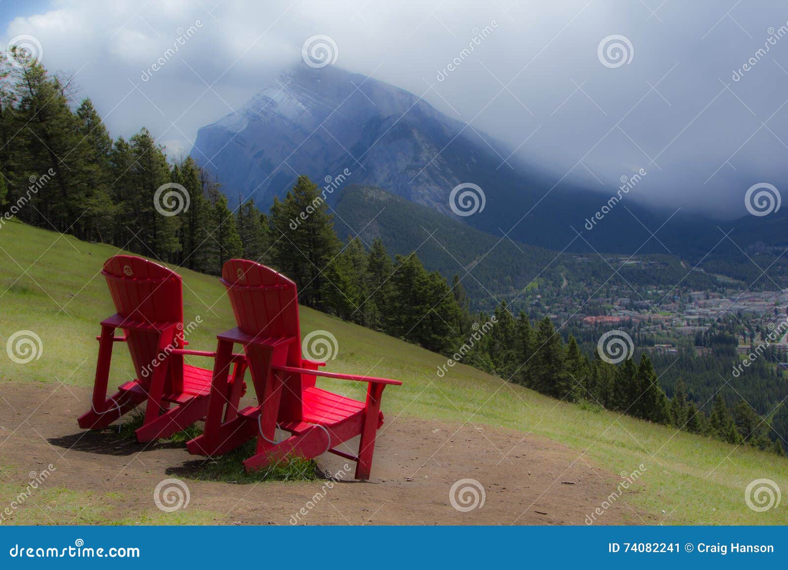 Two Red Chairs stock image. Image of snow, mountains - 74082241