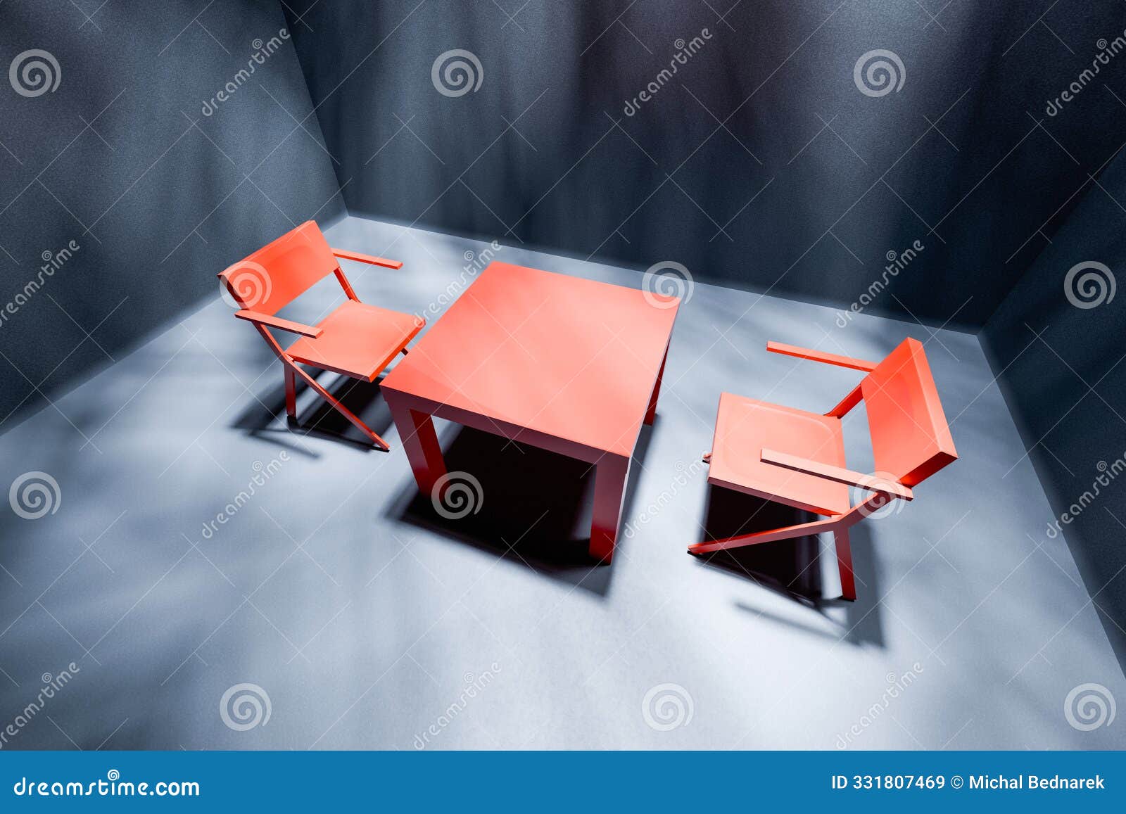 Two Red Chairs and Table in Spotlight in Empty Dark Interrogation Room ...