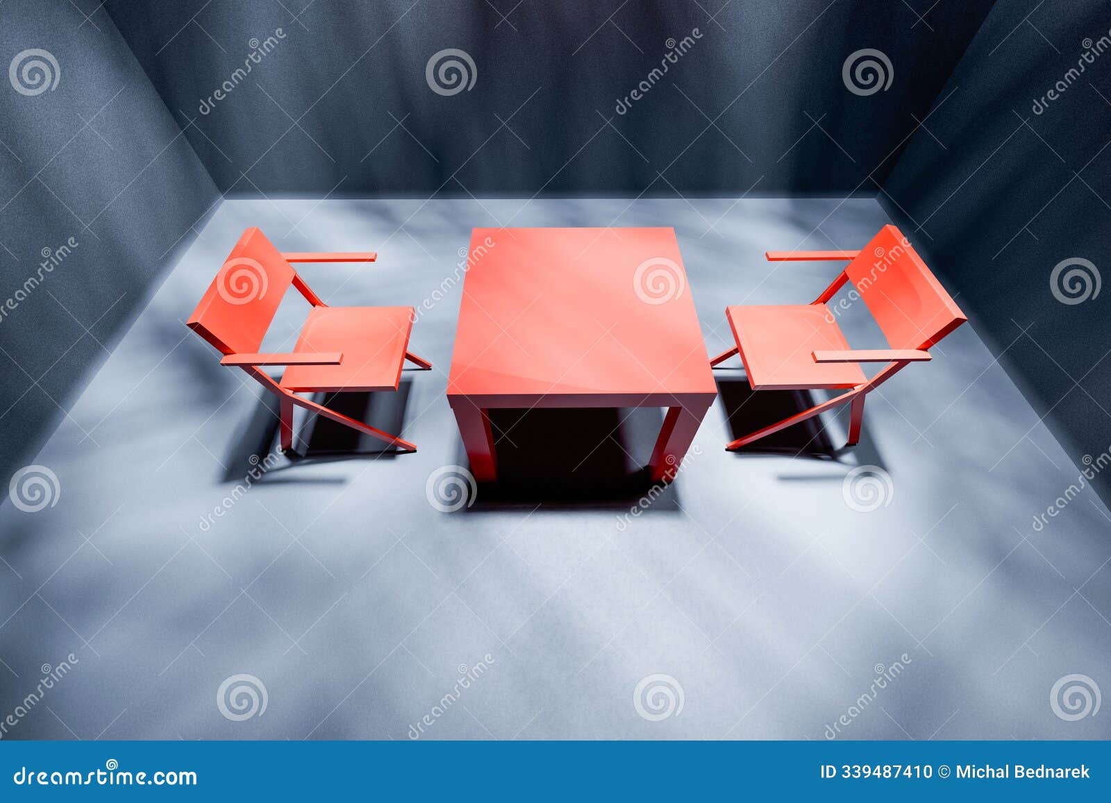 Two Red Chairs and Table in Spotlight in Empty Dark Interrogation Room ...