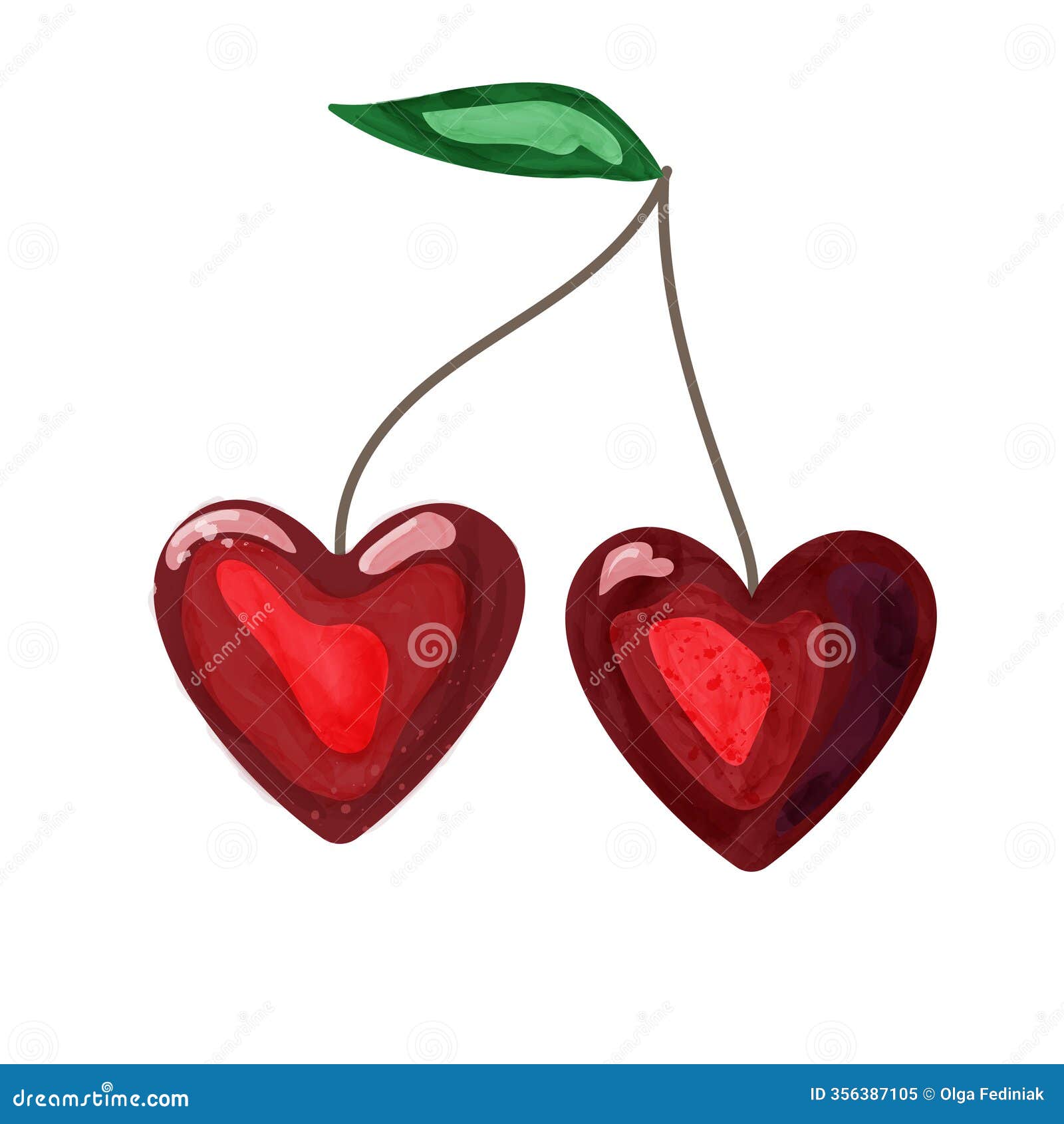 Two Red Cherries in the Shape of Hearts, Watercolor Style, White ...