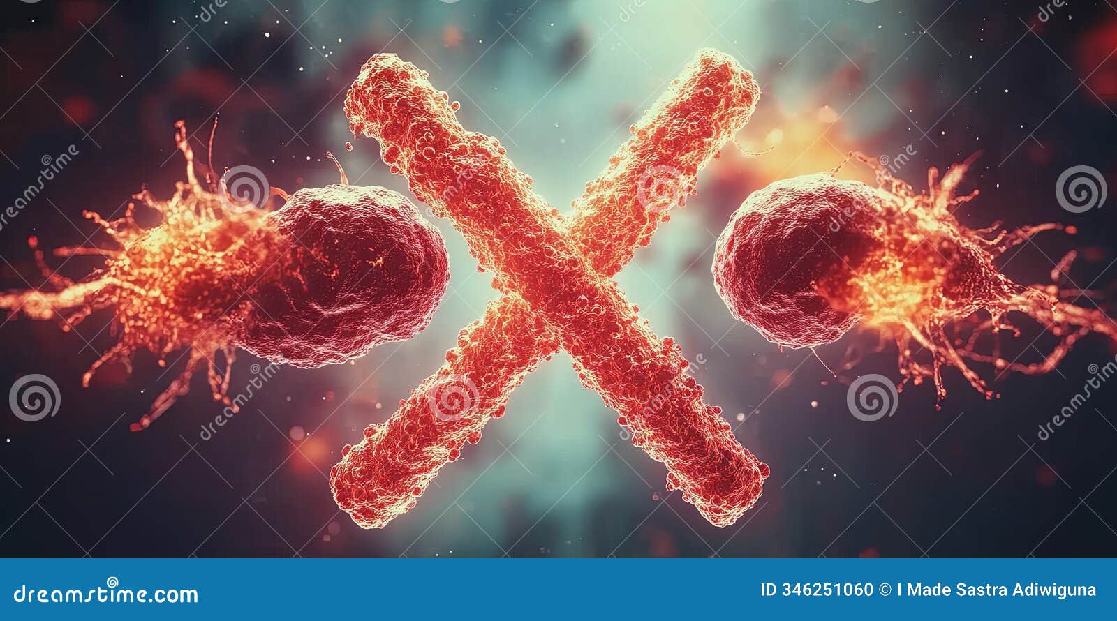 Two Red Chromosomes Cross With Glowing Red Cell Nuclei And Tail In ...
