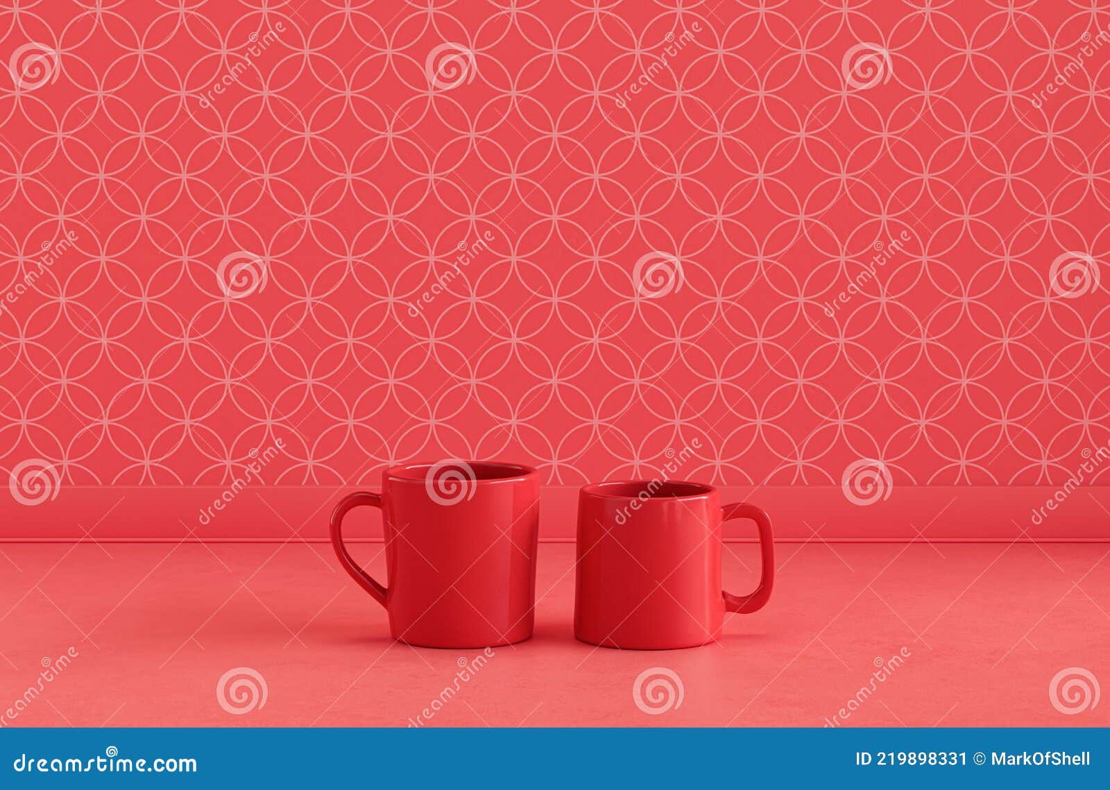 Two Red Coffee Cups Side by Side on Red Front View Kitchen Counter Top ...