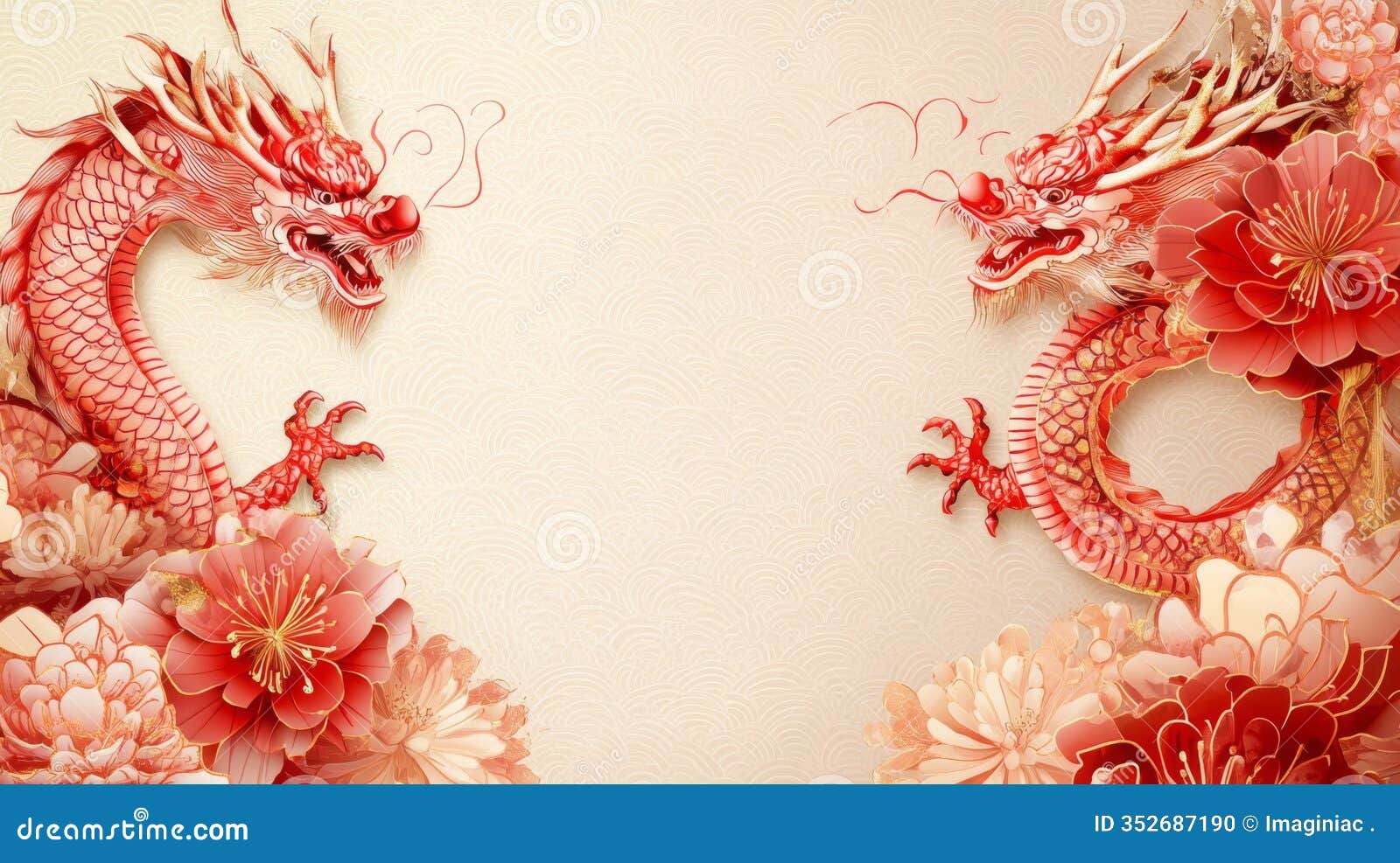 Two Red Dragons Amidst Elegant Floral Designs Stock Illustration ...