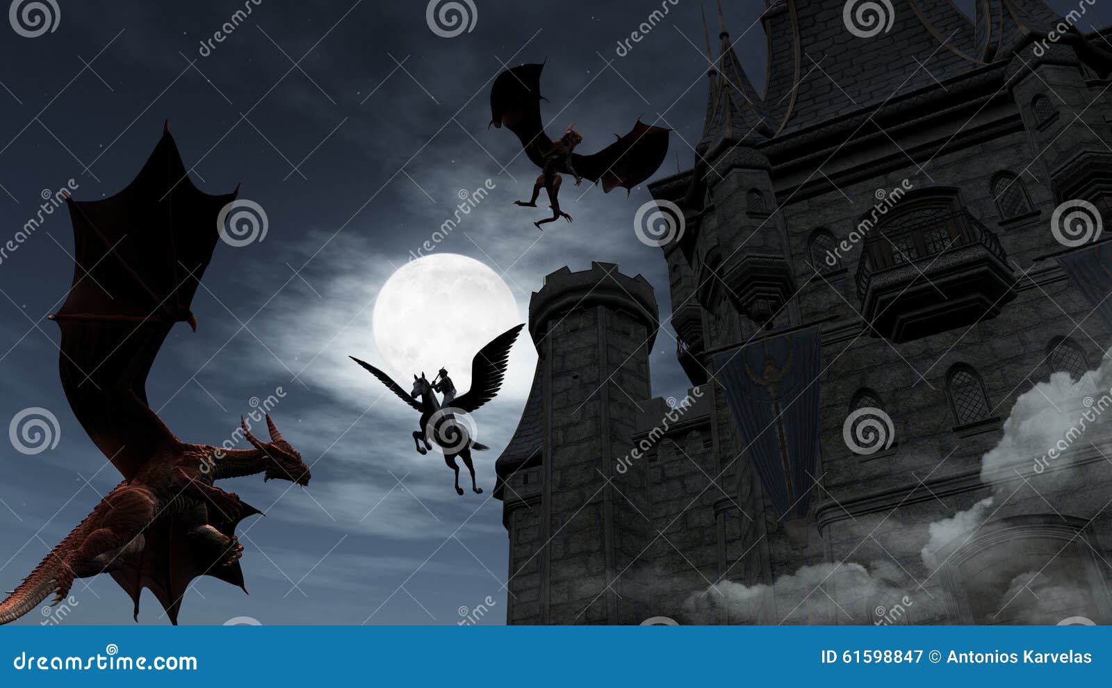 Two Red Dragons Attacking the Castle at Night Stock Image - Image of ...