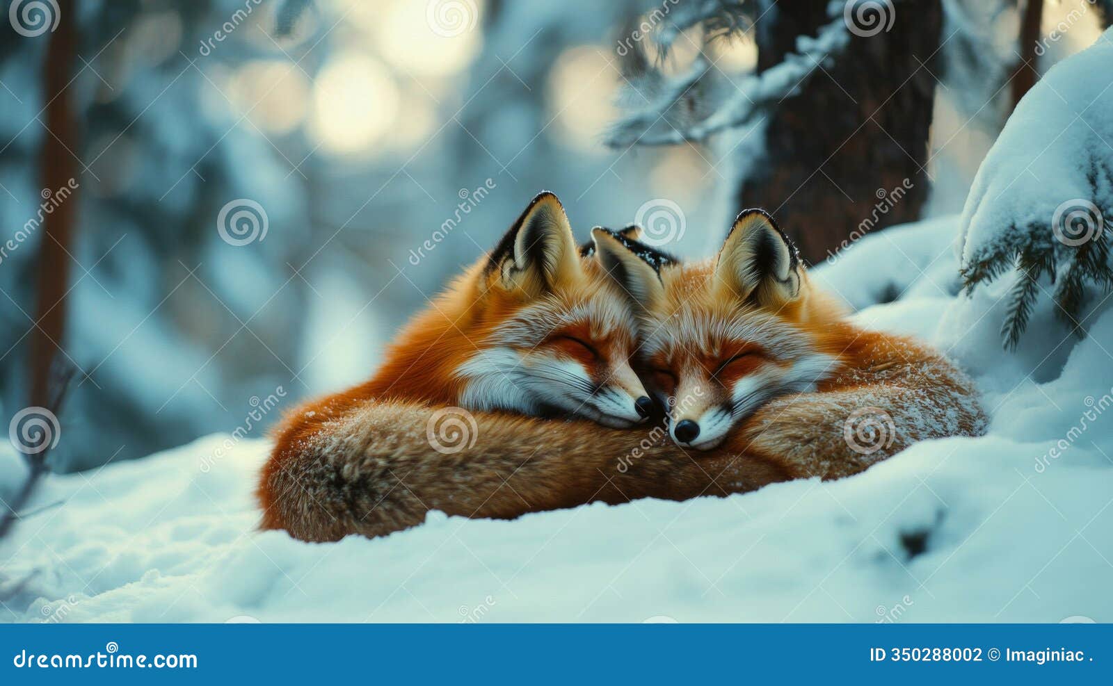 Two Red Foxes Huddled Together In Snowy Woods Stock Photo ...