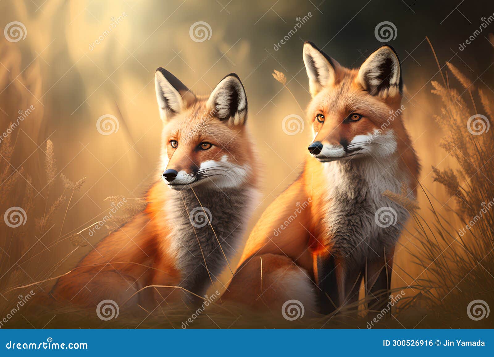 Two Red Foxes in a Meadow at Sunset, Digital Painting Stock ...