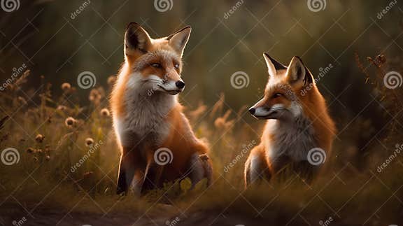Two Red Foxes (Vulpes Vulpes) in the Field Stock Illustration ...