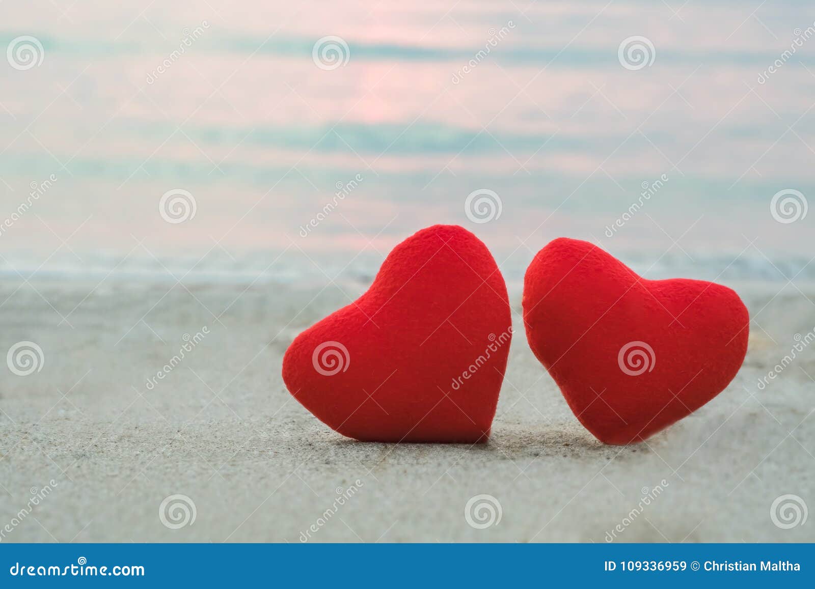 Two Red Heart on the Sand Beach Stock Image - Image of romance ...