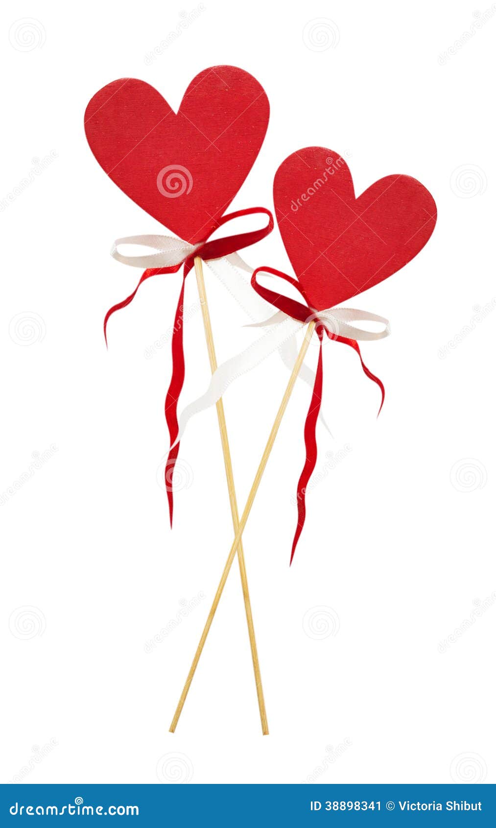 Two Red Heart on Stick with Ribbon, Isolated Stock Image - Image of ...