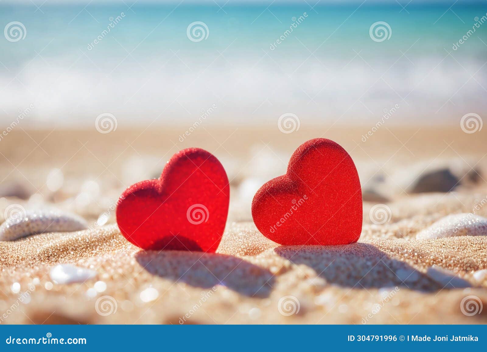 Two Red Hearts on a Sandy Beach with a Blue Ocean in the Background ...