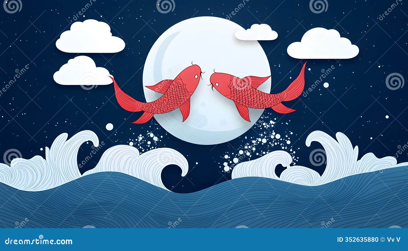 Two Red Koi Fish Swimming Under a Full Moon Stock Illustration ...
