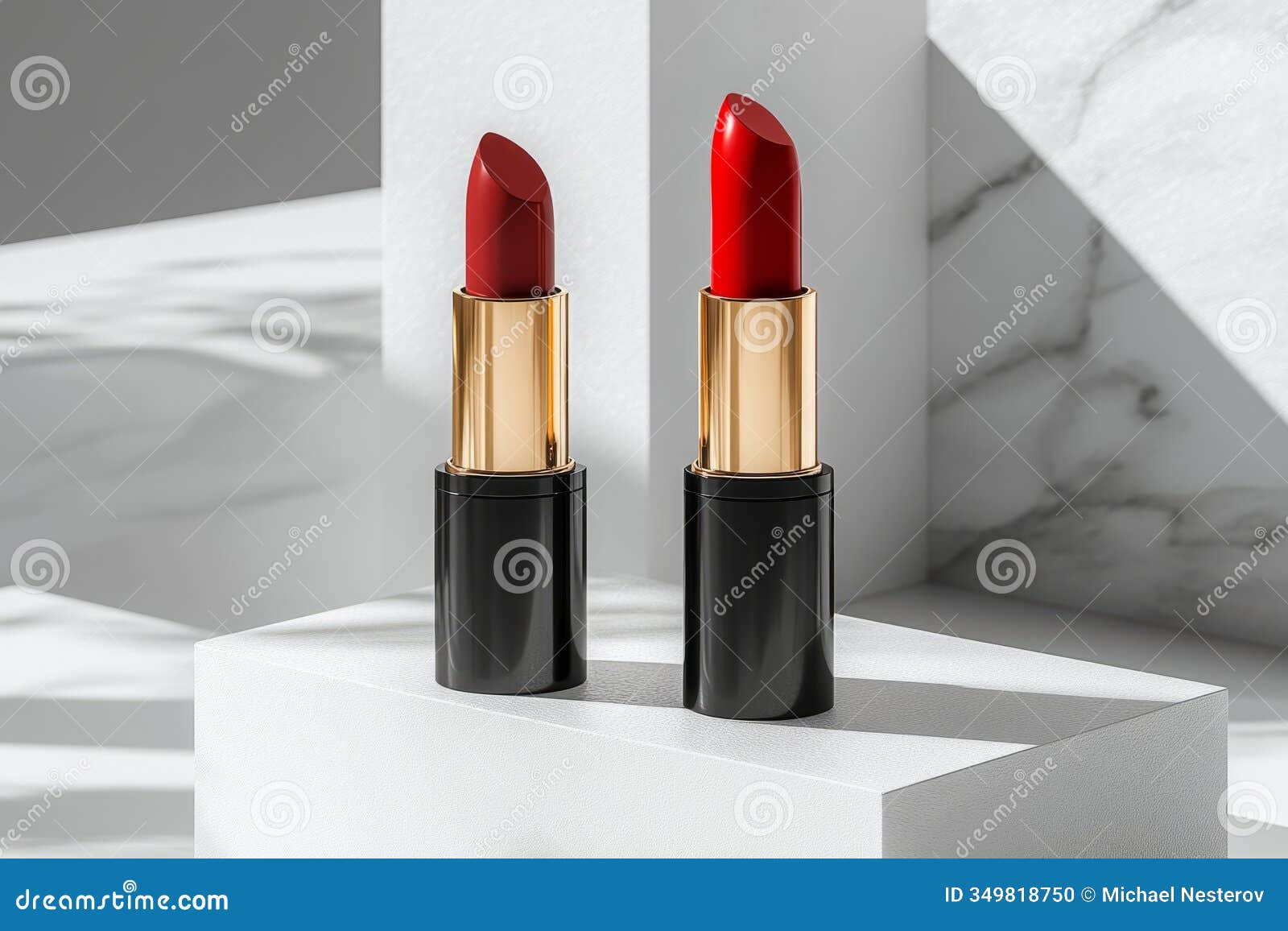 Two Red Lipsticks Standing on White Cubes with Marble Wall Background ...