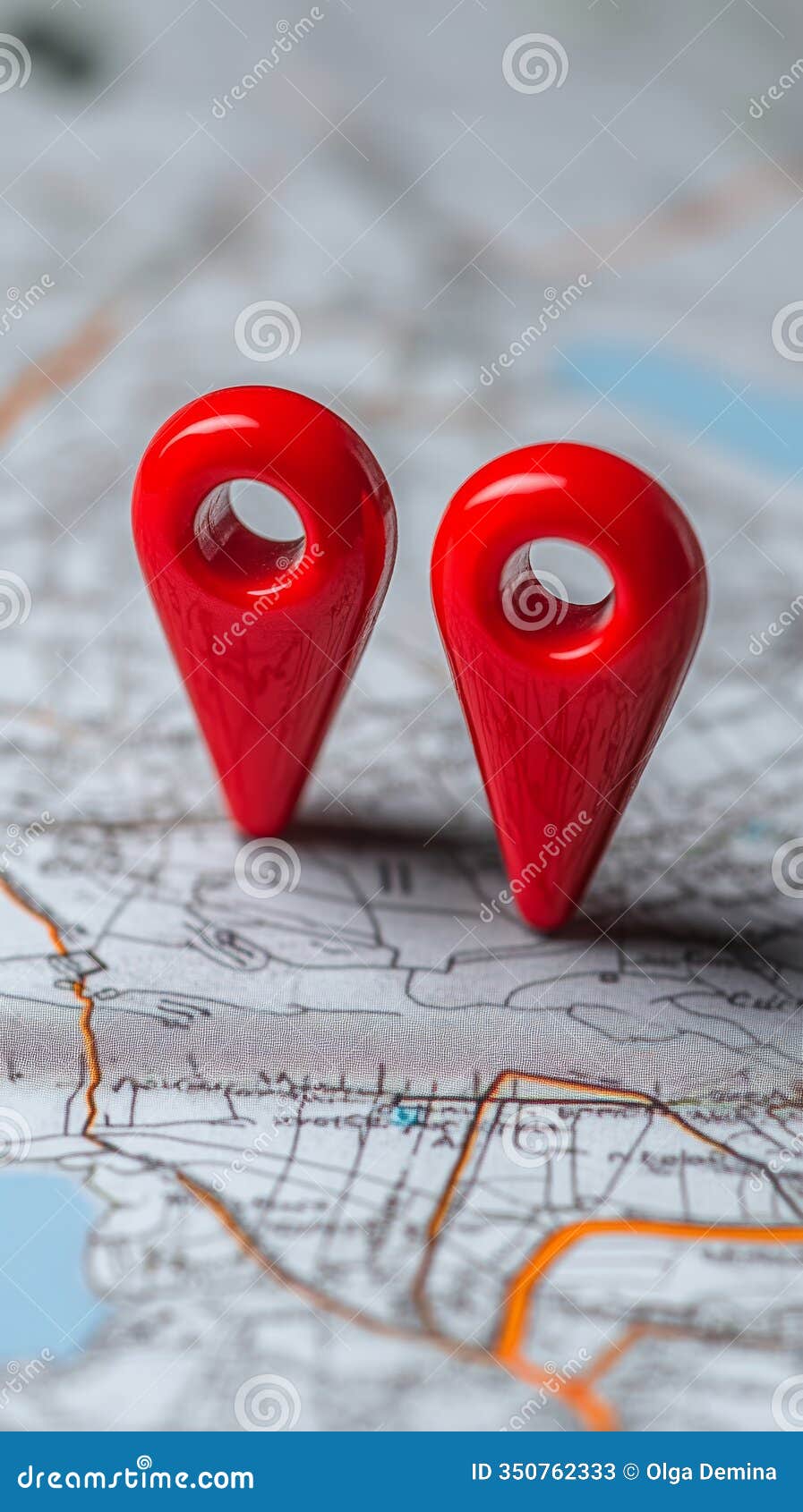 Two Red Location Pins Showing Points on Physical Map Stock Image ...