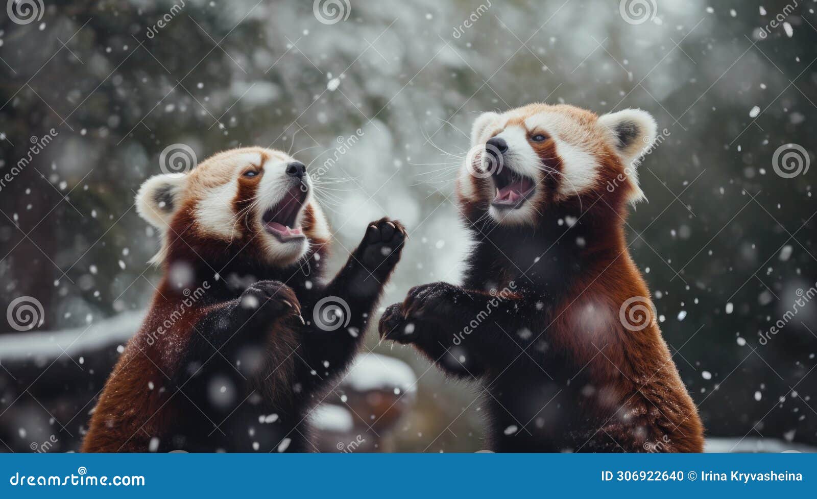 Two Red Panda Cubs Fighting in the Rain with Each Other, Stock Photo ...