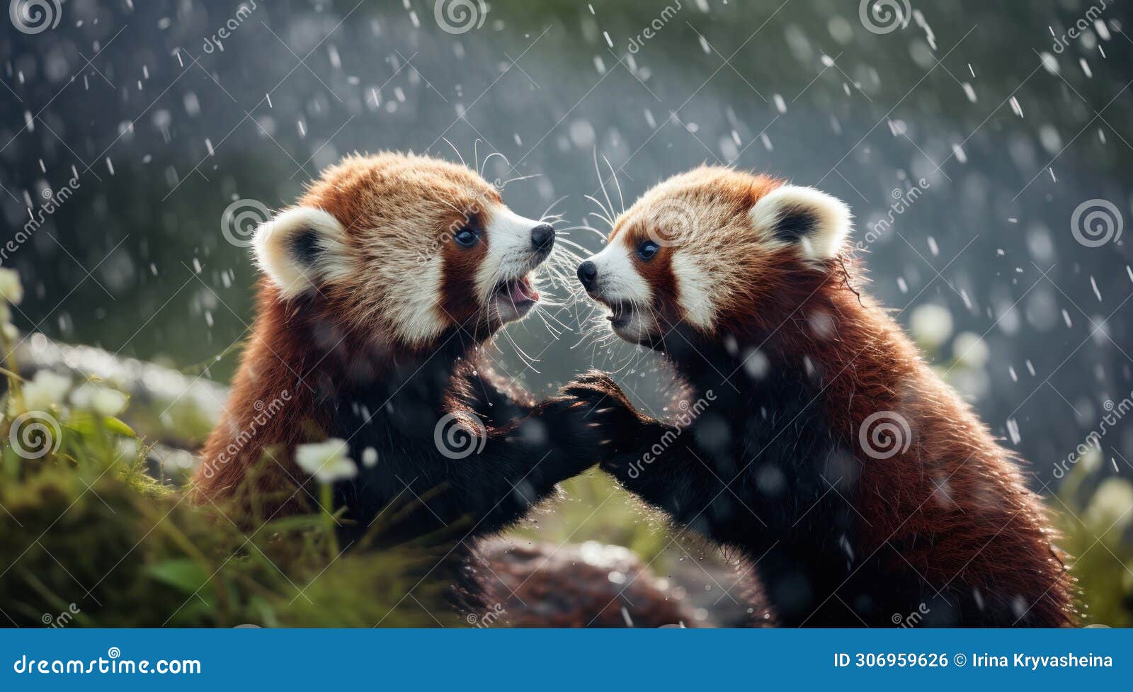 Two Red Panda Cubs Fighting in the Rain with Each Other, Stock Photo ...