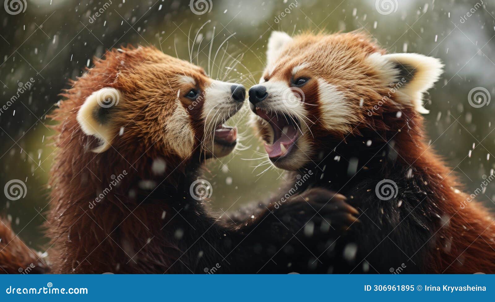 Two Red Panda Cubs Fighting in the Rain with Each Other, Stock Image ...