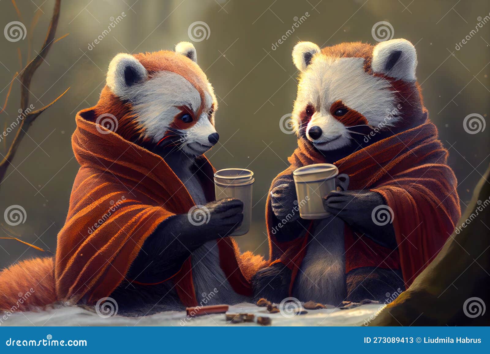 Two Red Pandas Drink Coffee in Winter. Generative AI, Generative, AI ...