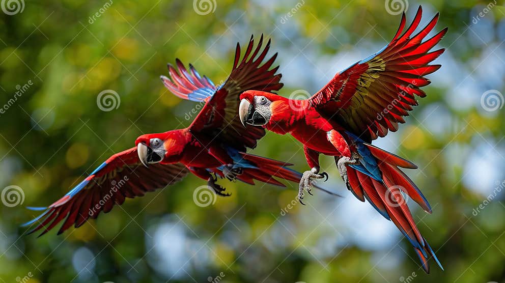 Two Red Parrots in Flight. Generative Ai Stock Illustration ...