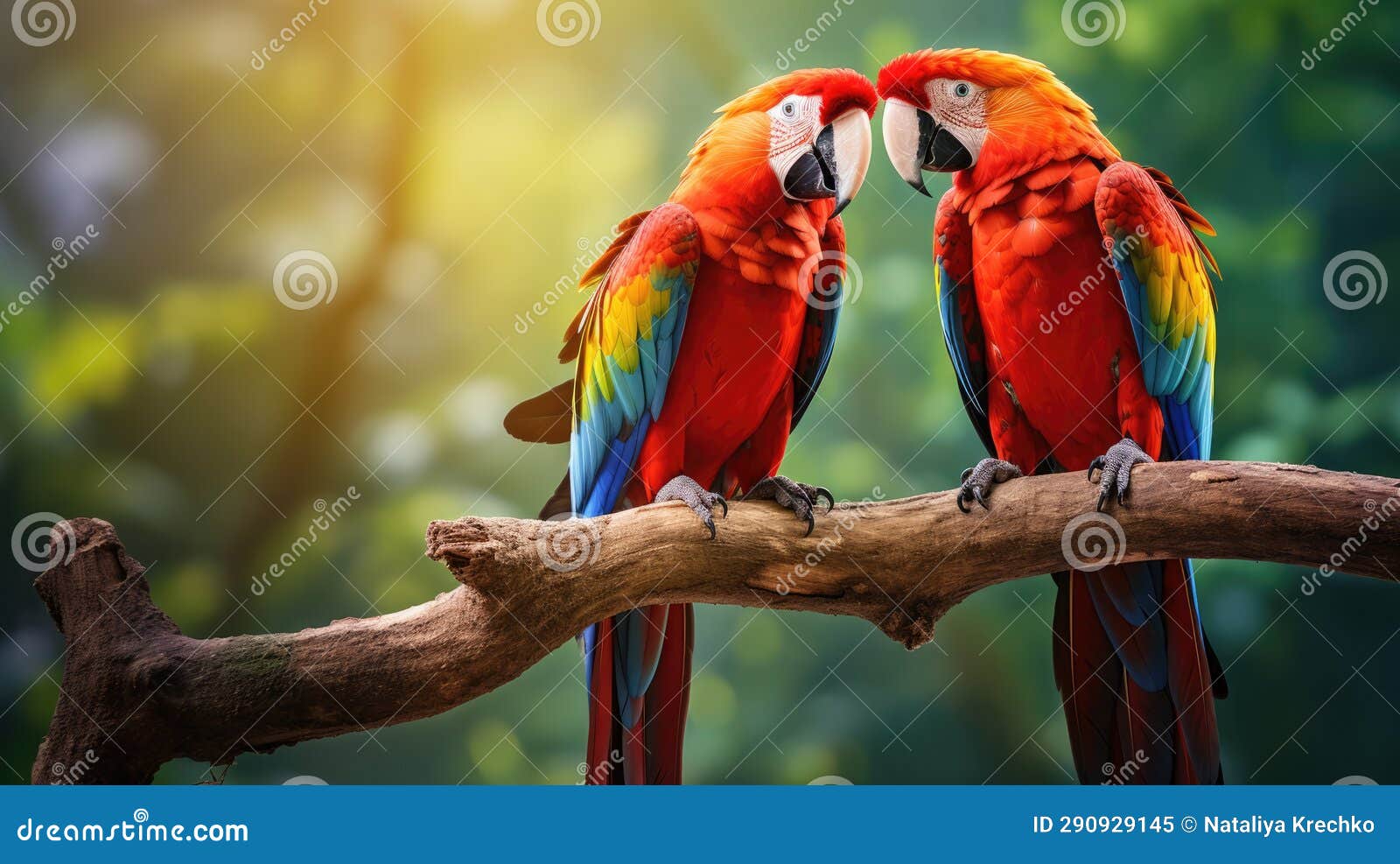 Two Red Parrots Macaw on a Branch in Jungle. Pair of Big Parrots Stock ...