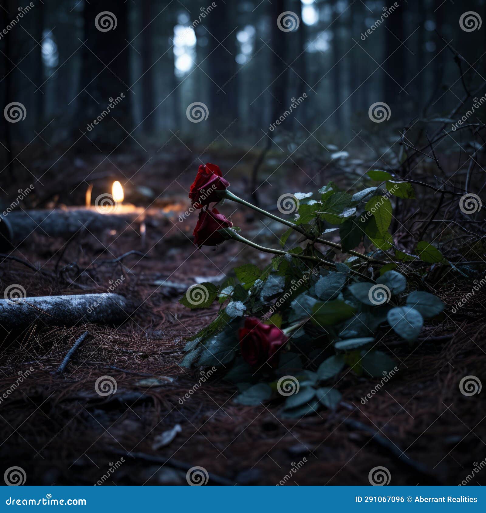 Two Red Roses Sit on the Ground in a Dark Forest Stock Illustration ...