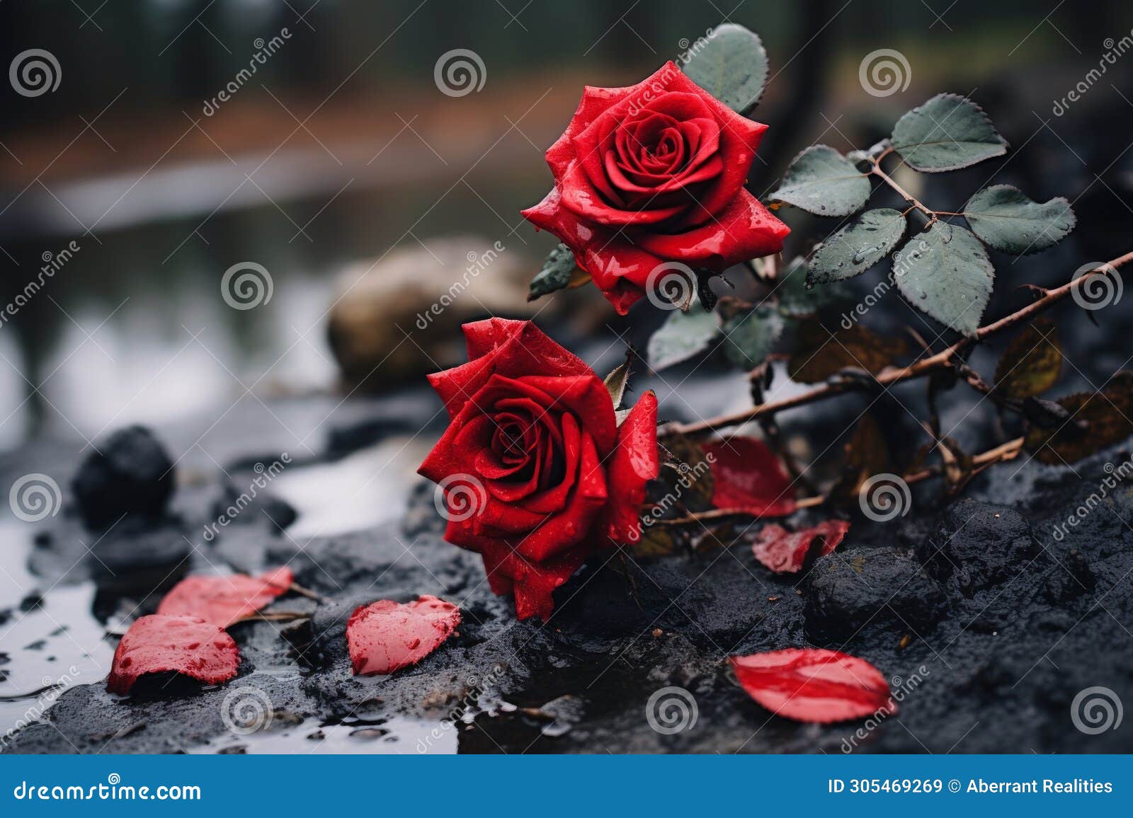 Two Red Roses Sitting on the Ground Next To a Pond Stock Illustration ...
