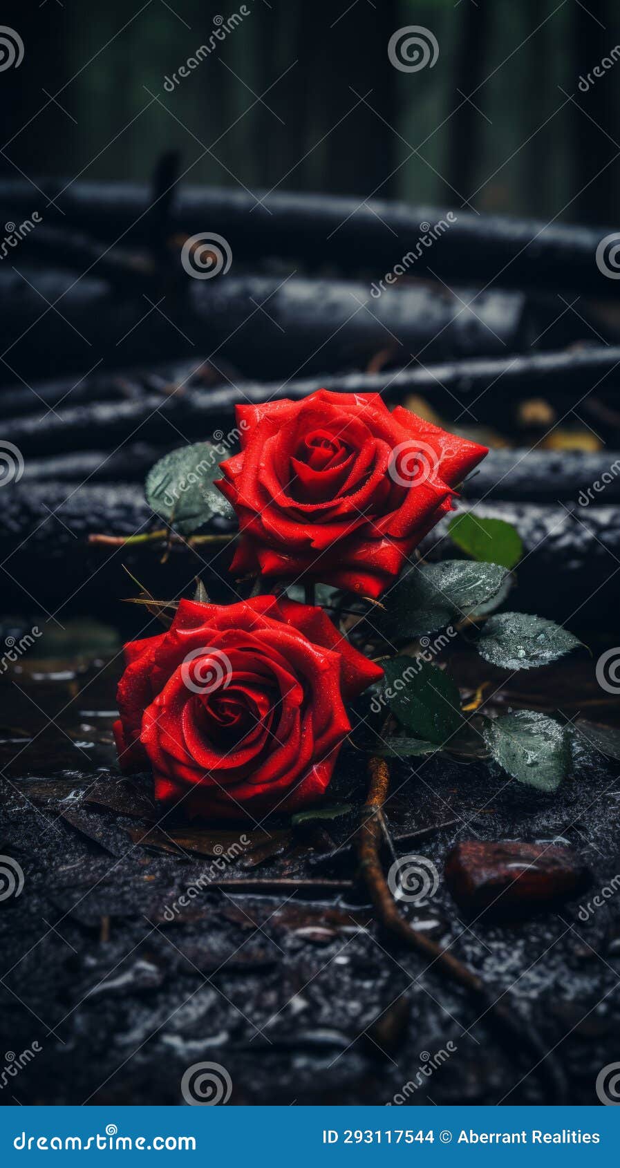 Two Red Roses Sitting on the Ground in the Rain Stock Illustration ...