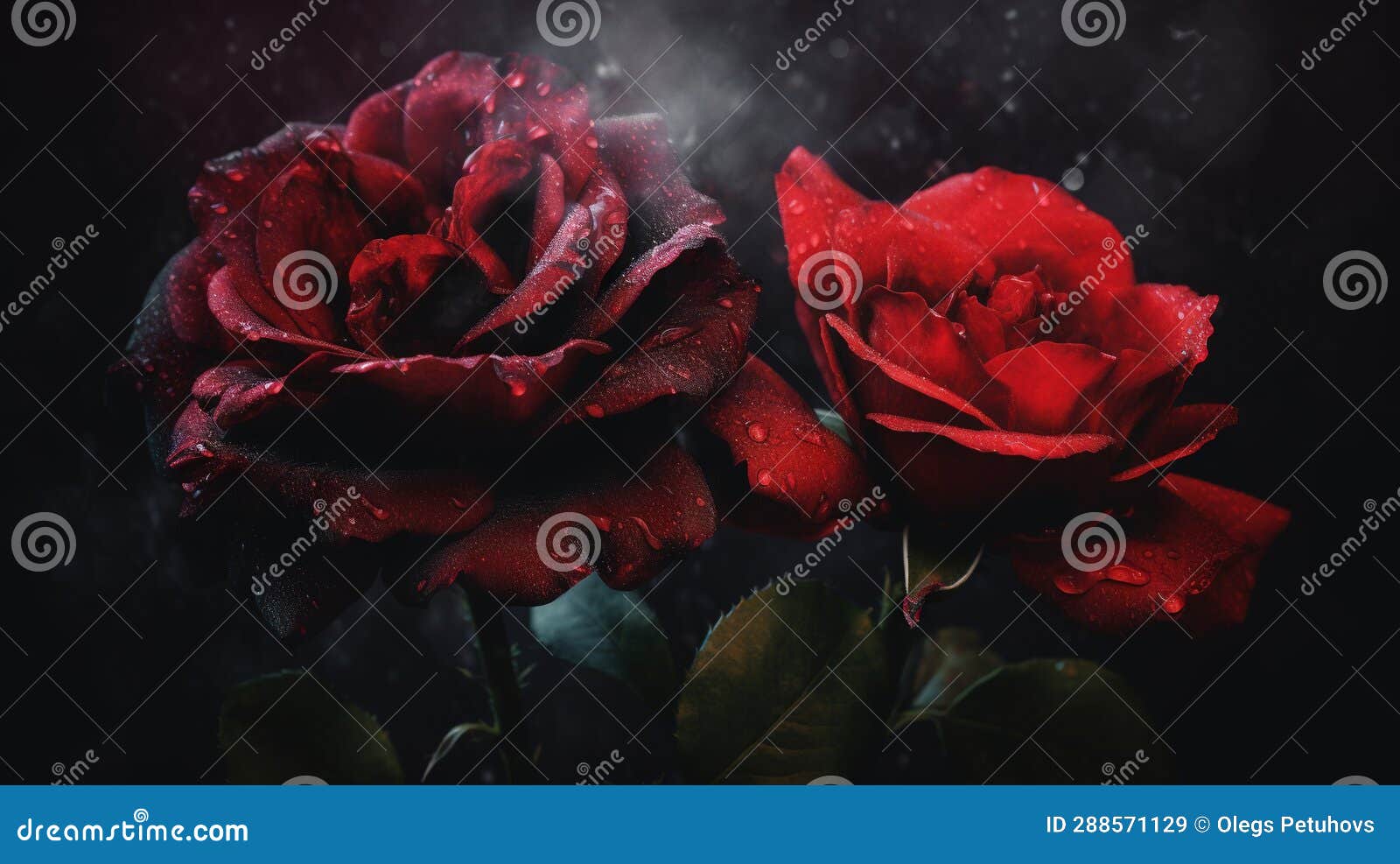 Two Red Roses with Water Droplets on Them on a Dark Background Stock ...