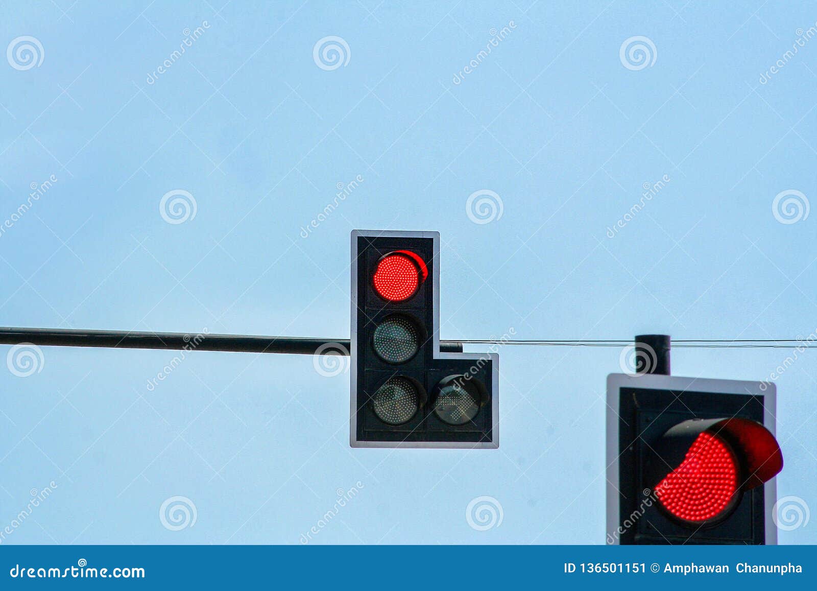 Two Red Traffic Lights on Clear Blue Sky Background Stock Image - Image ...