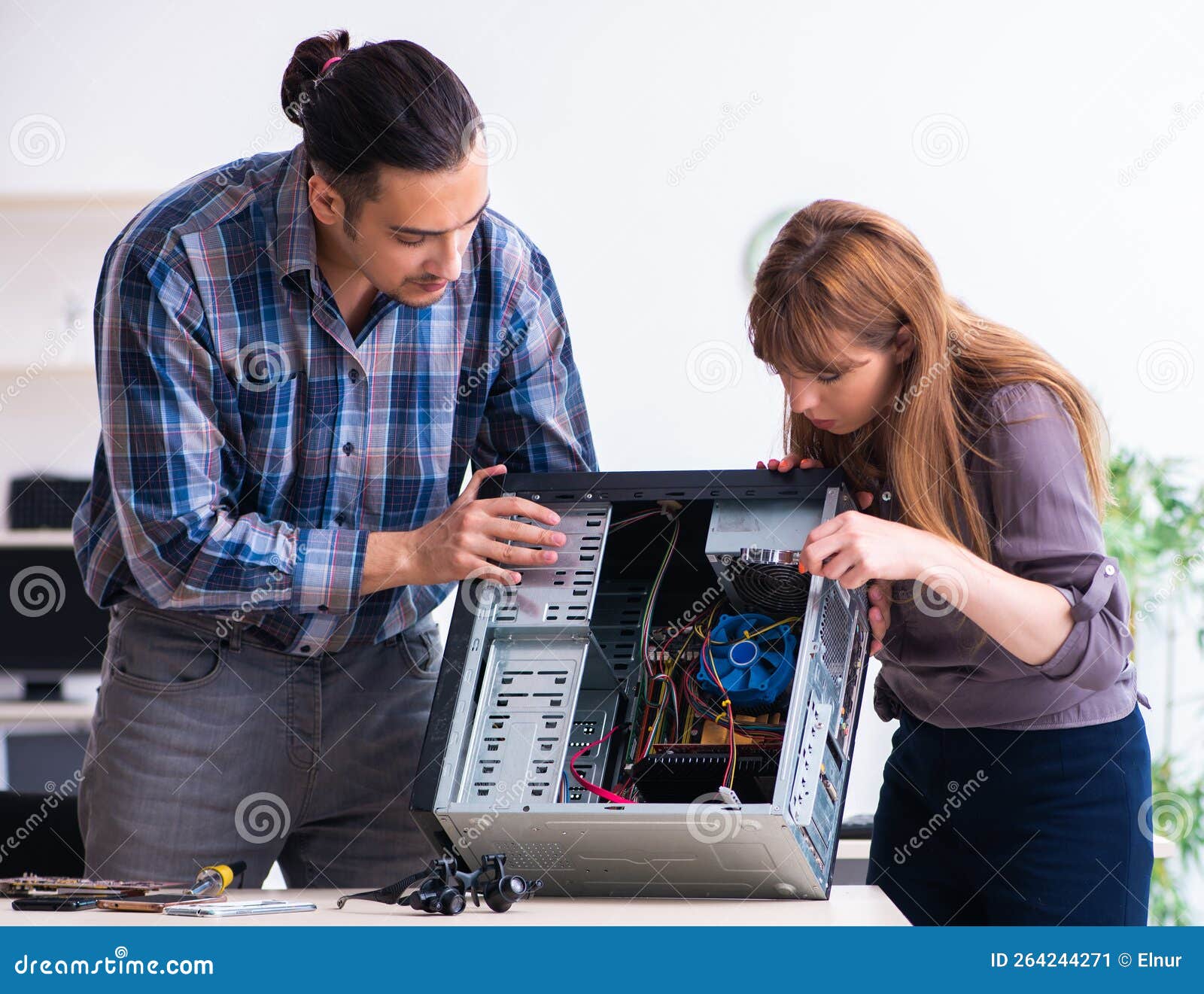 Two Repairmen Repairing Desktop Computer Stock Image - Image of ...