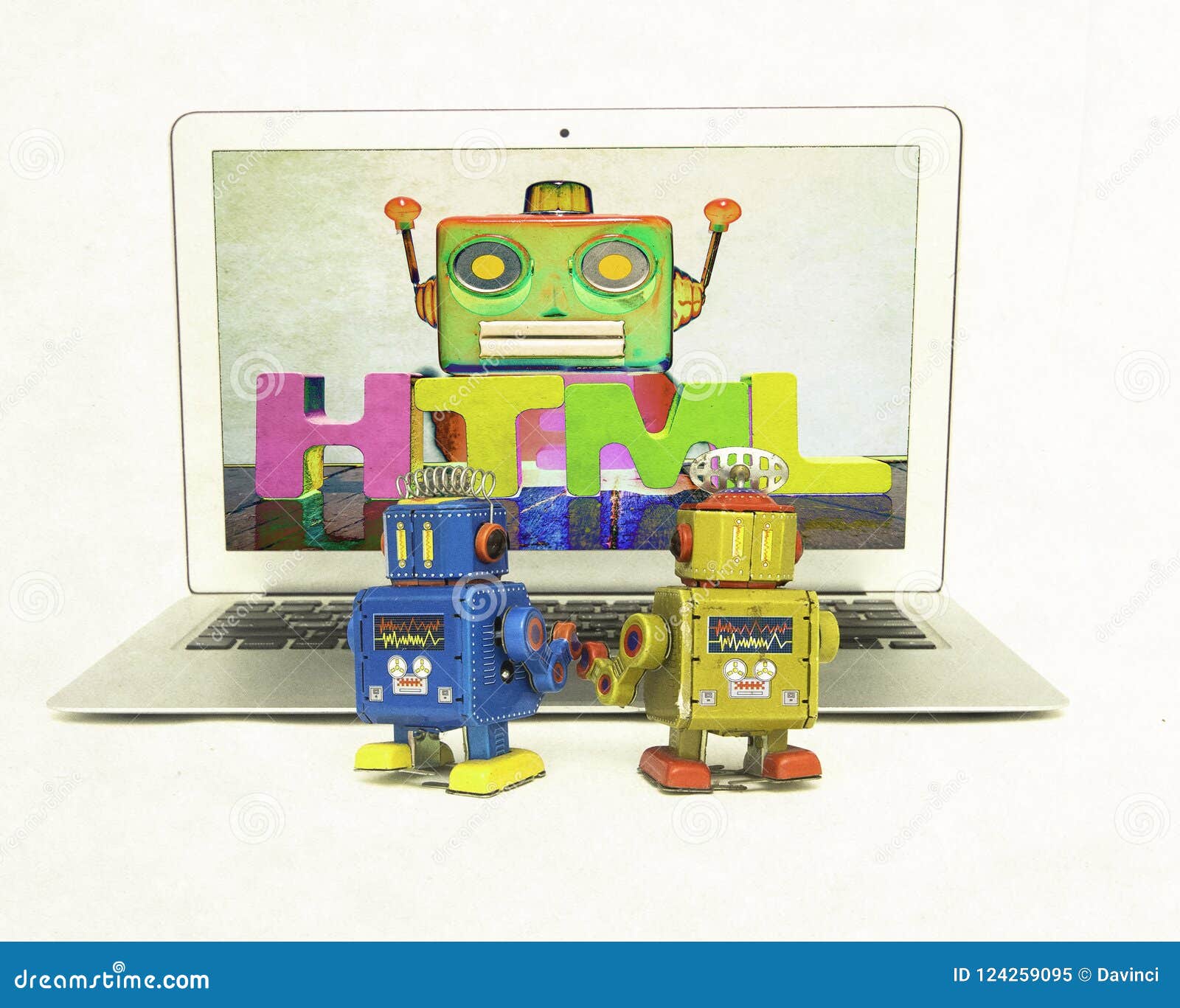 Two Retro Bobots Learn about Codeing on a Laptop Computer I Stock Image ...