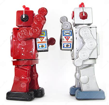 Two Retro Robots High Five Each Other Isolated Stock Photo - Image of ...