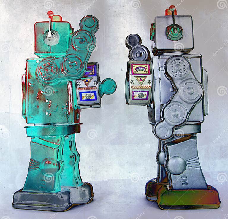 Two Retro Robots High Five Each Other Isolated Stock Photo - Image of ...