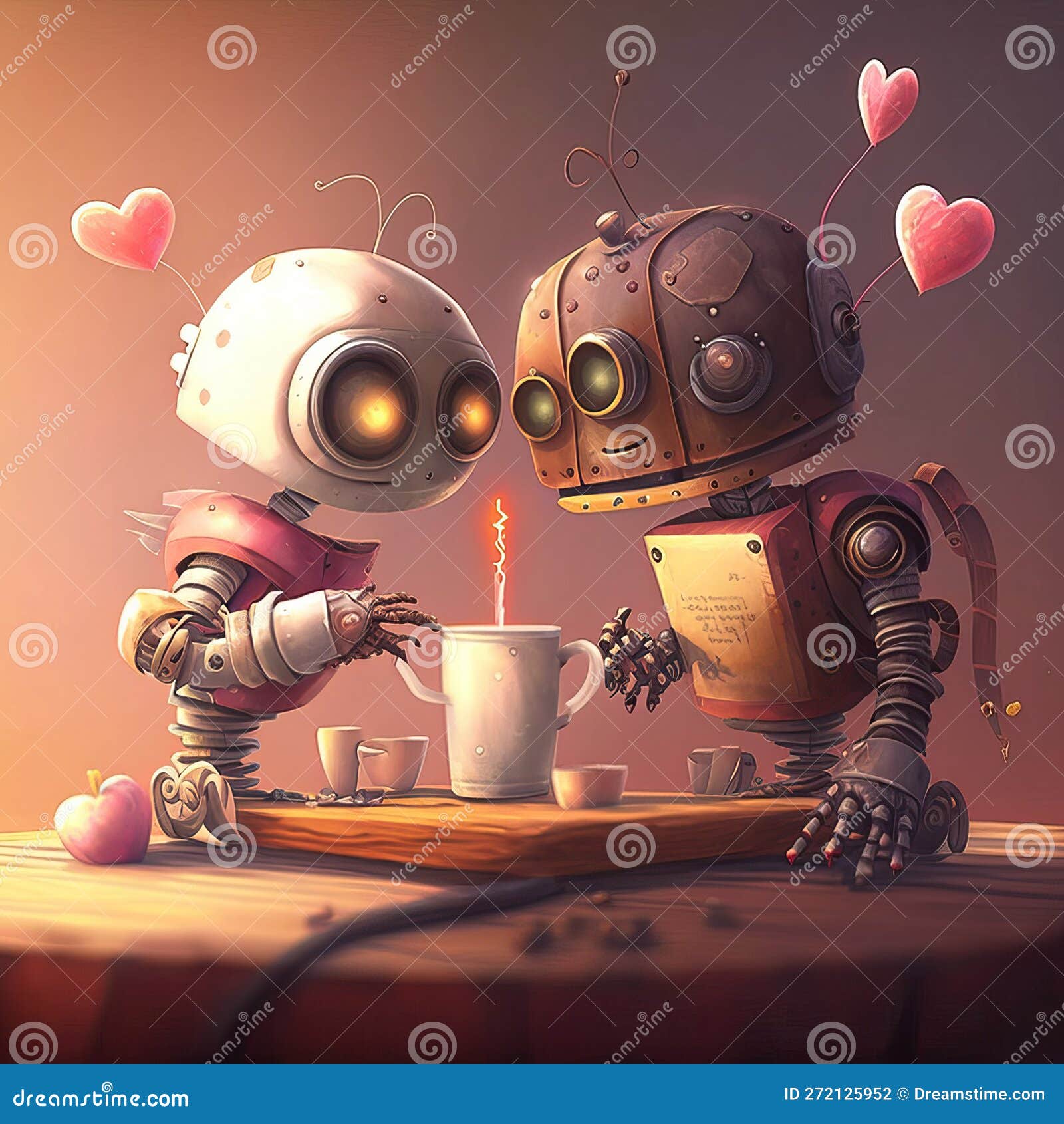 Two Retro Robots on a Romantic Date in a Cafe Stock Illustration ...
