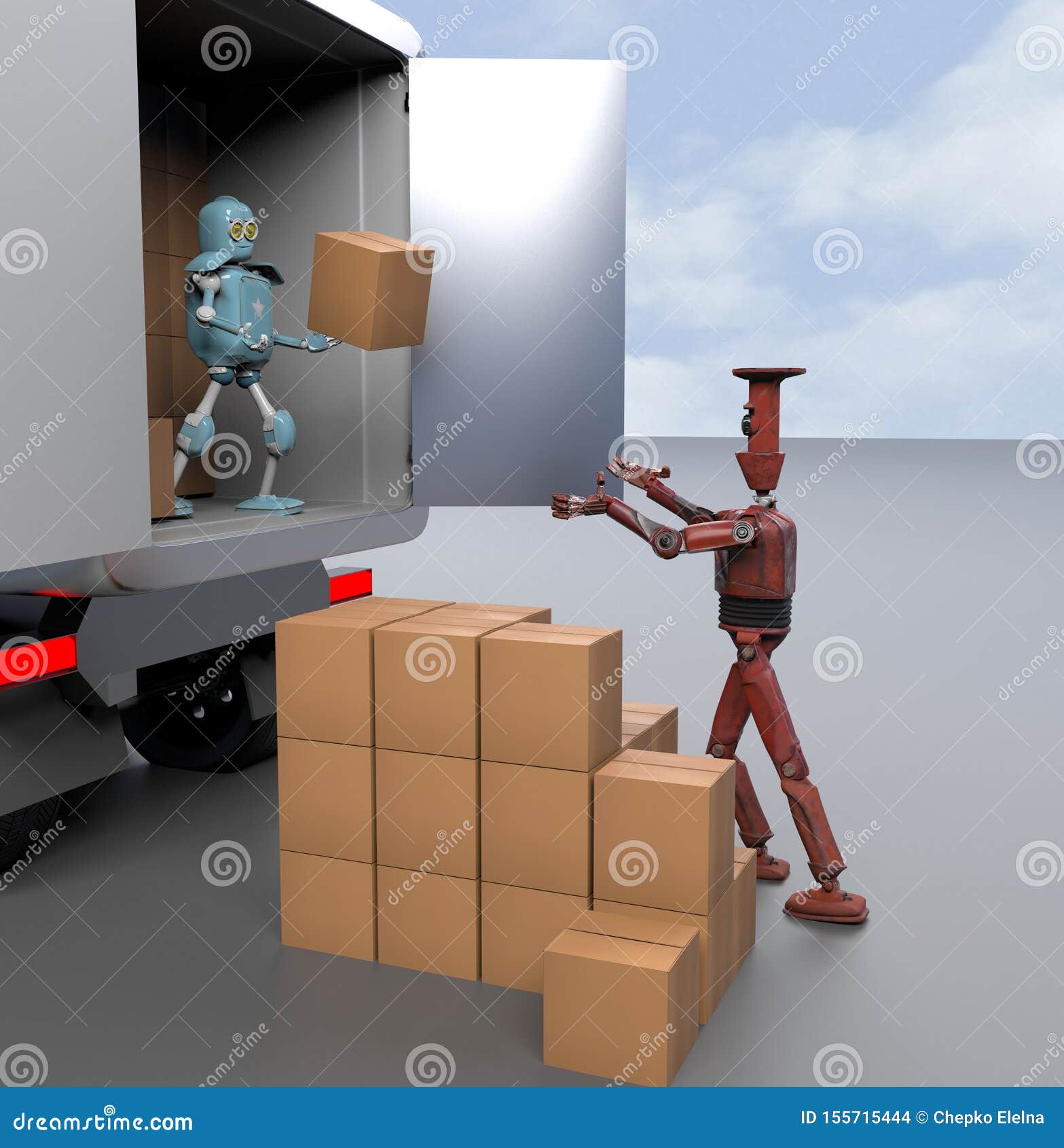 Two Retro Robots With Shipping Boxes Load In Truck Render 3d Stock ...