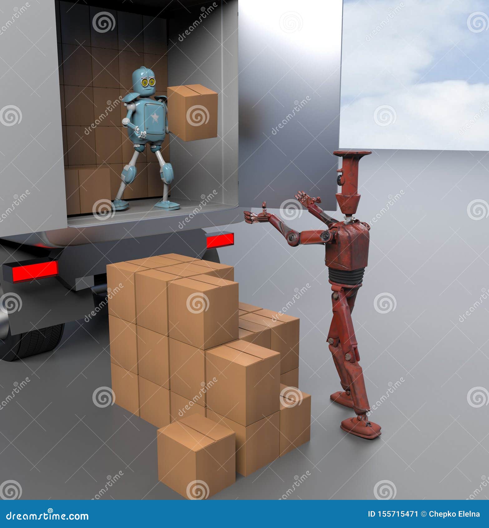 Two Retro Robots with Shipping Boxes Load in Truck Render 3d Stock ...