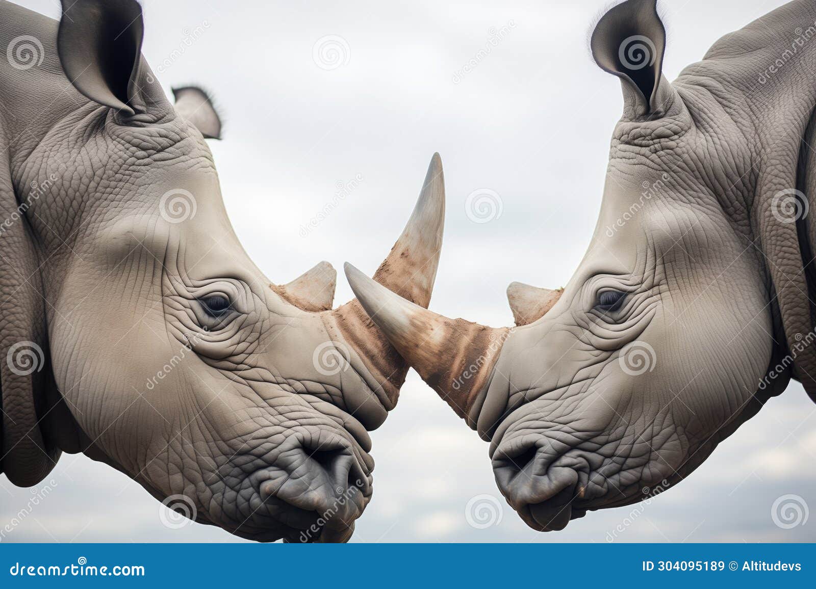 Two Rhinos Locking Horns in Mild Confrontation Stock Image - Image of ...