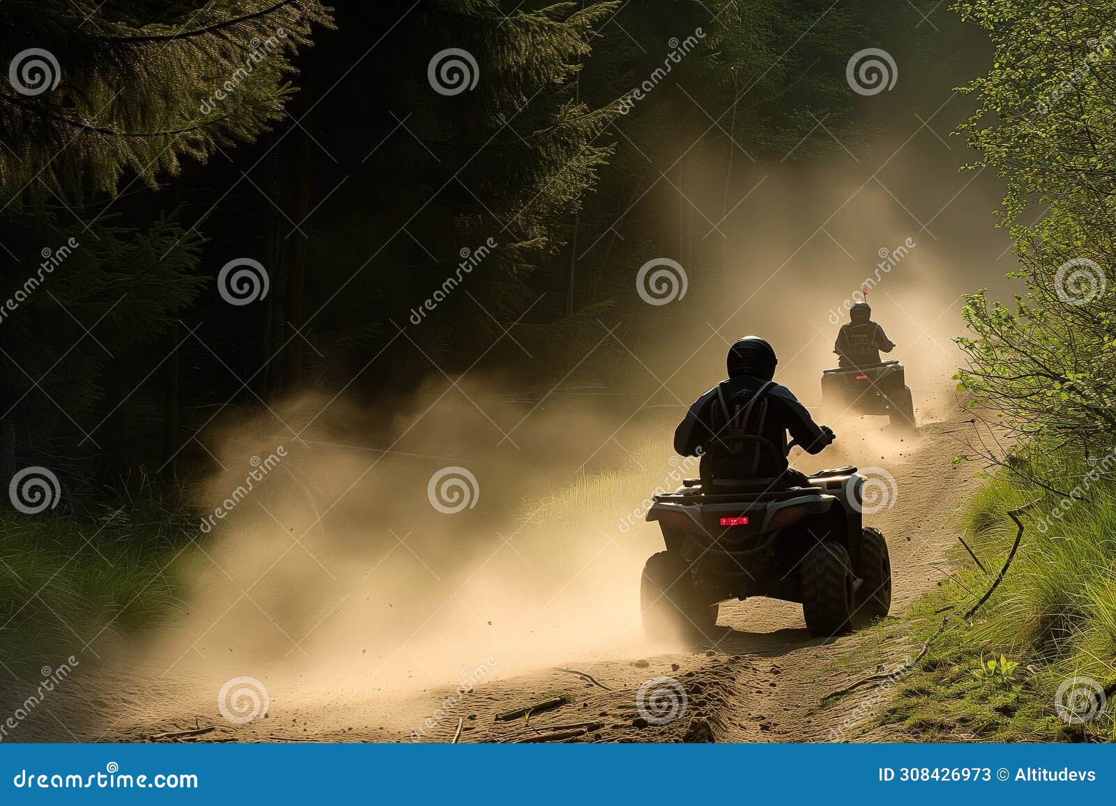 Two Riders on Atvs Racing Alongside a Forest Trail, Dust Trail Behind ...
